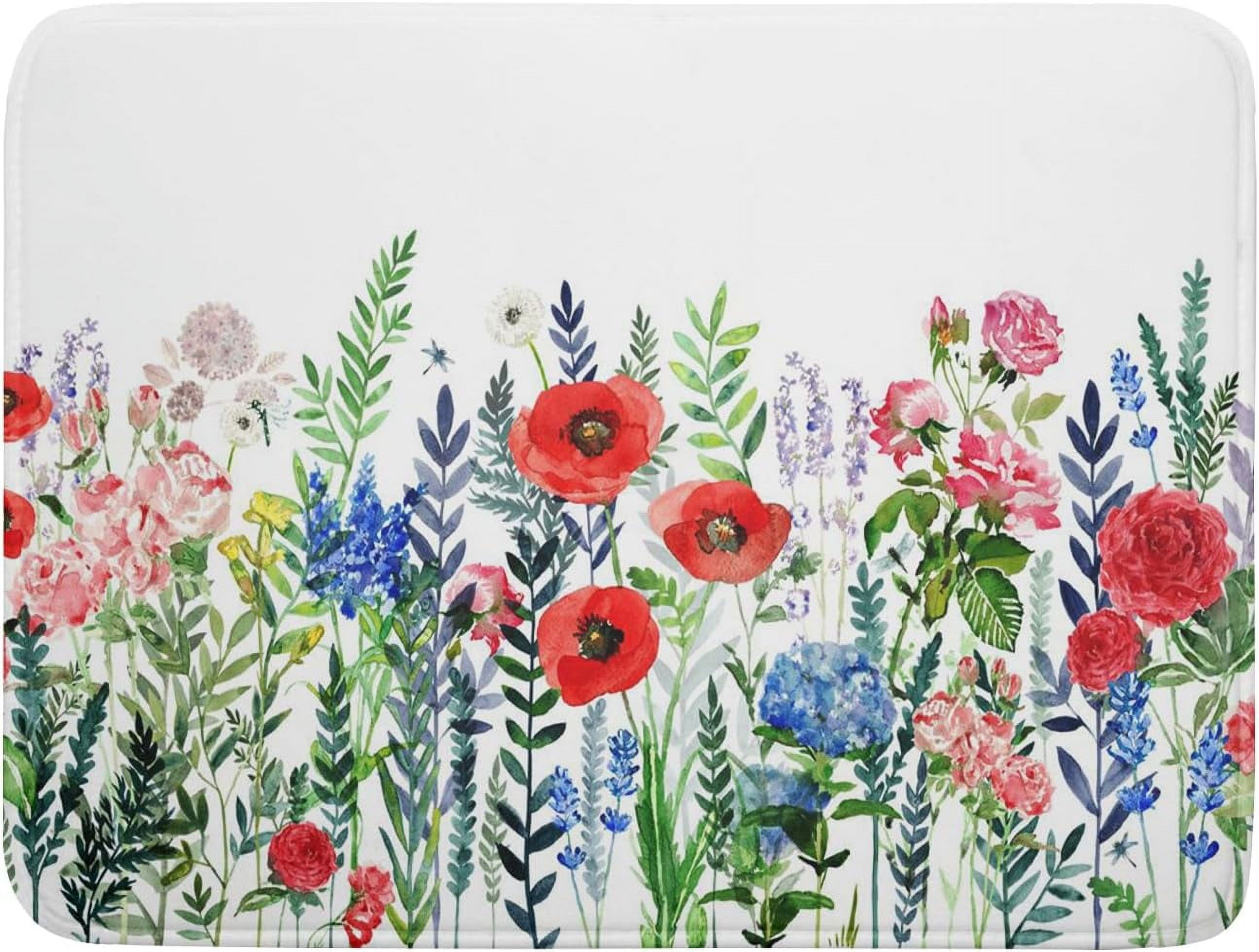 Shukong Watercolor Poppy Dish Drying Mat - Colorful Peony Lavender ...