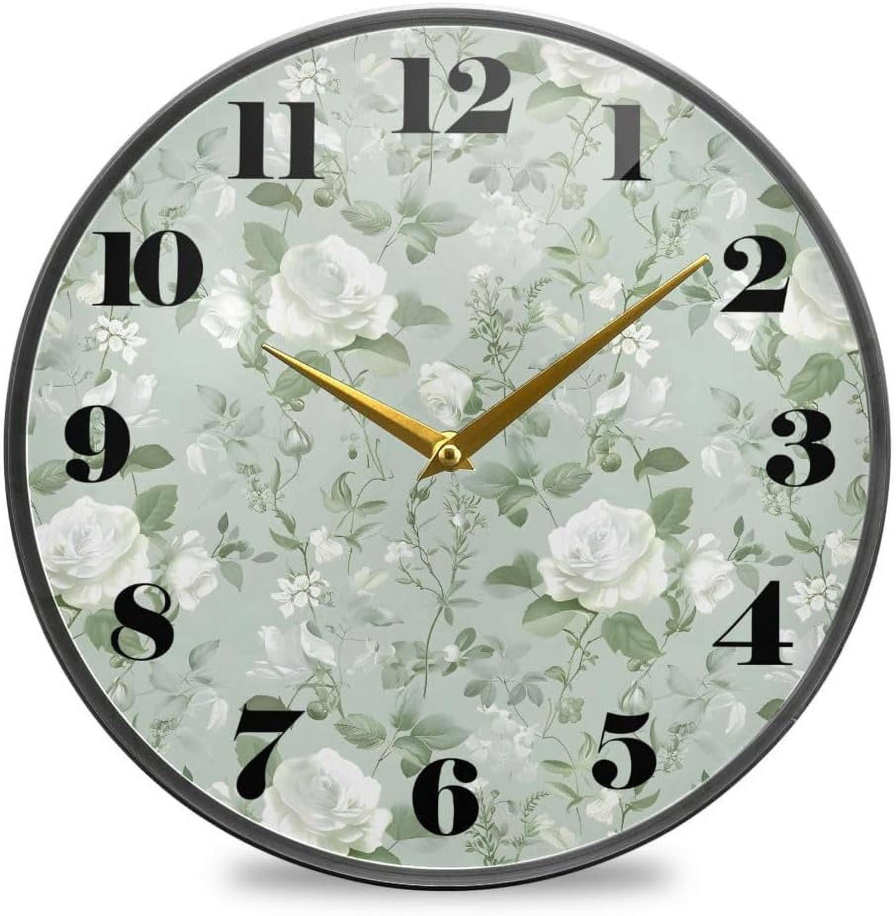 Shukong White Rose Flower Light Green Wall Clock Battery Operated ...