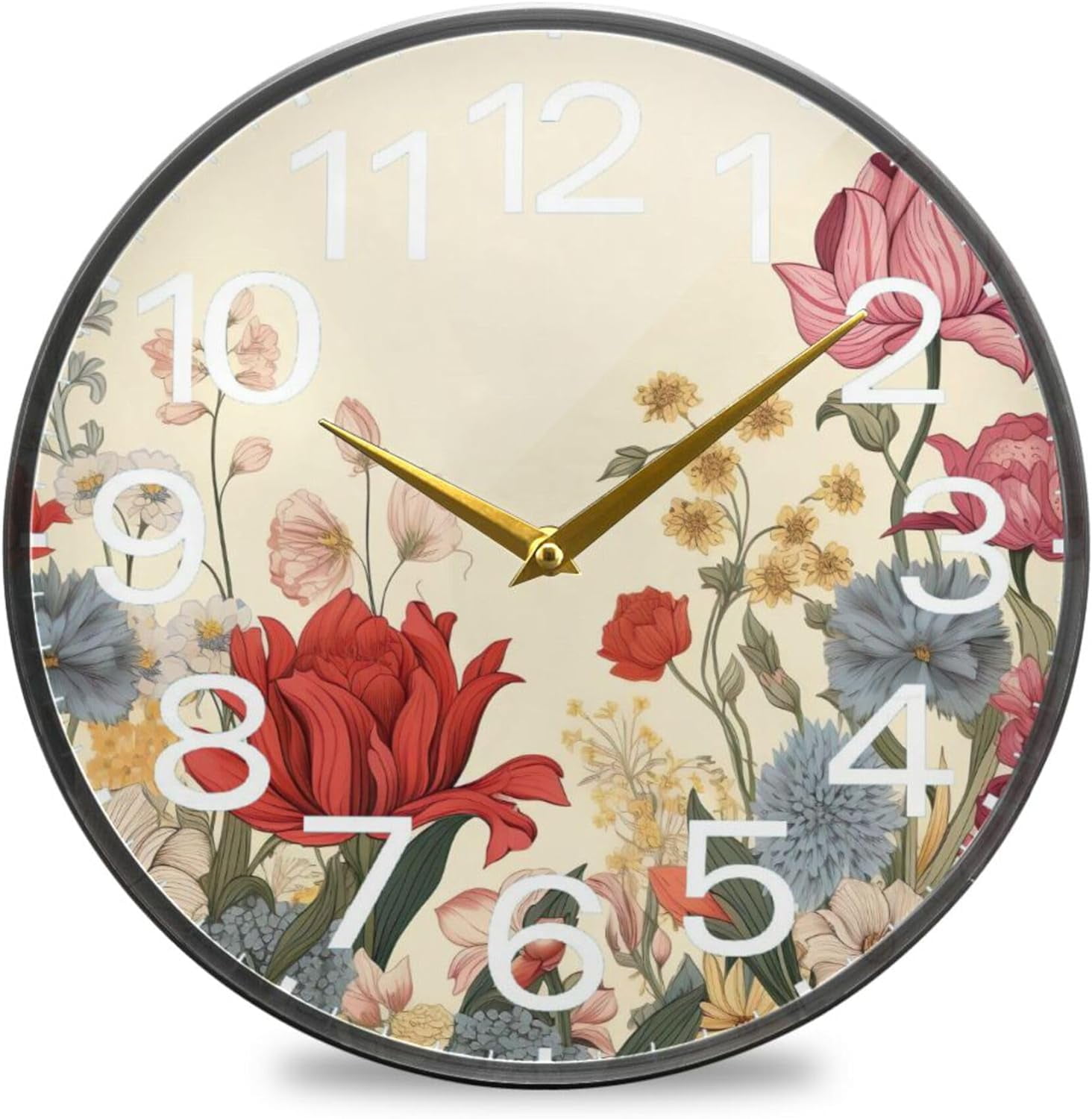 Shukong Wild Flowers Wall Clock 10 Inch Silent Non Ticking Round Clock ...