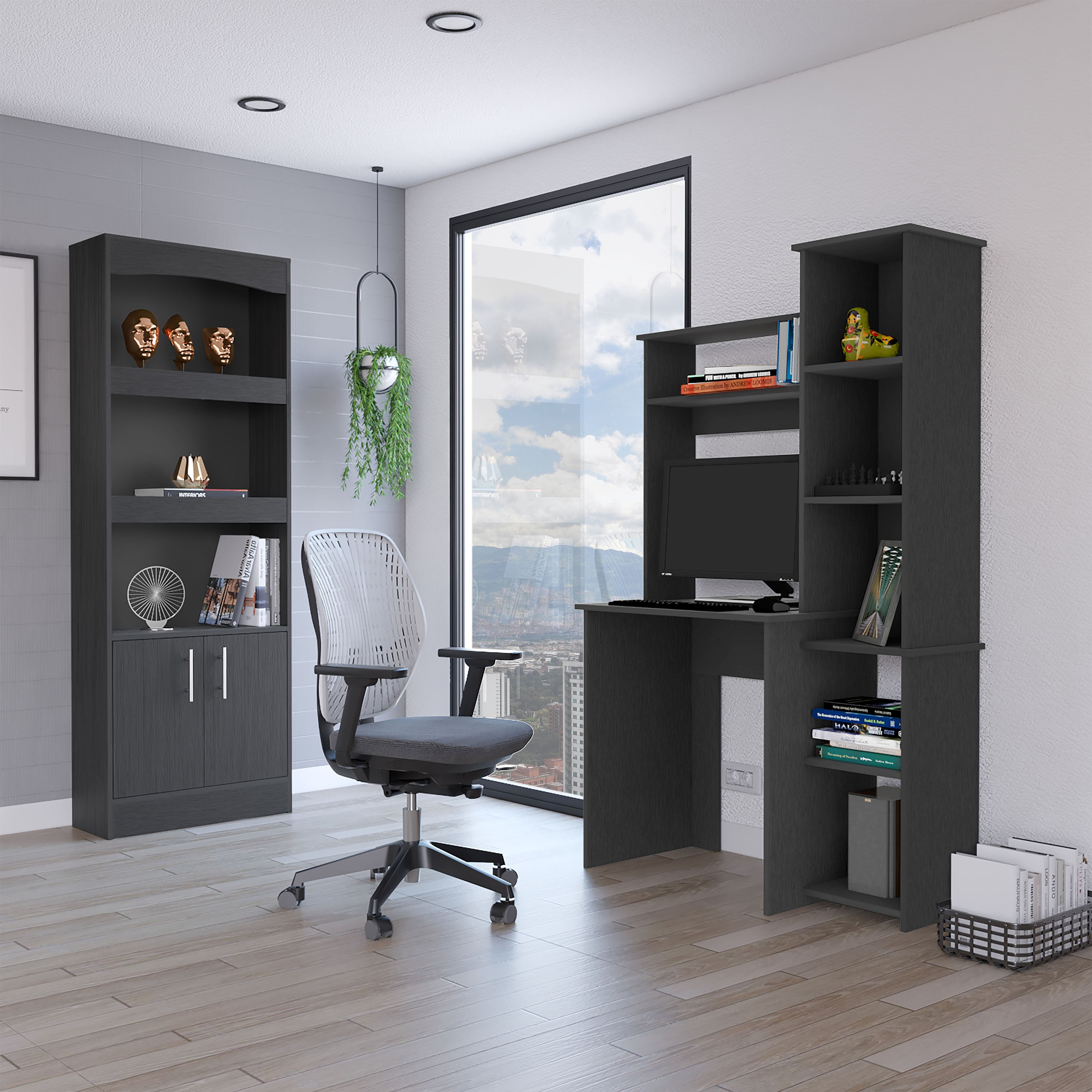 Shunda K 2 Piece Office Set, Bookcase + Desk, Black - Walmart.com