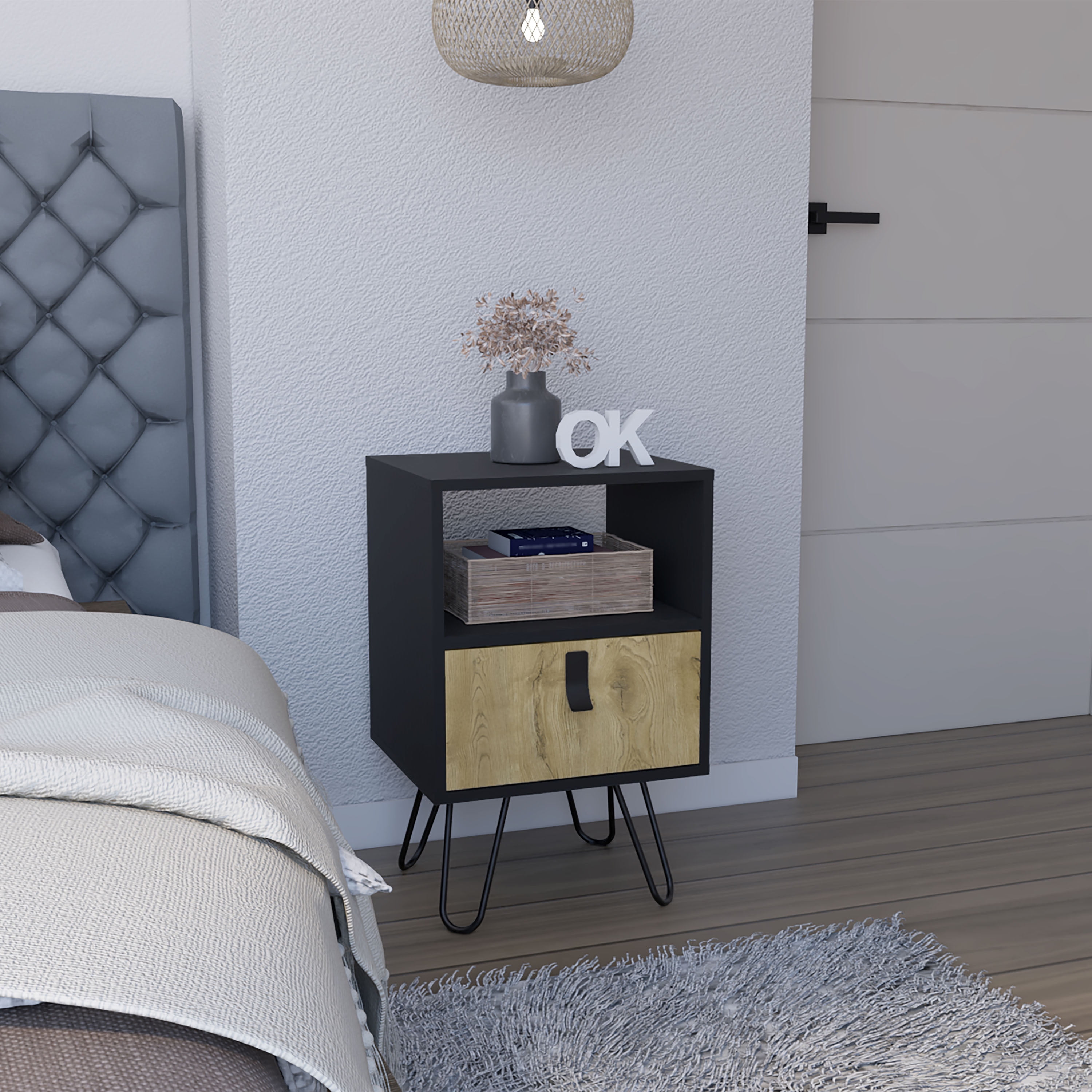 Shunda K 29"H Nightstand, Sleek Design with Hairpin Legs and One Drawer ...