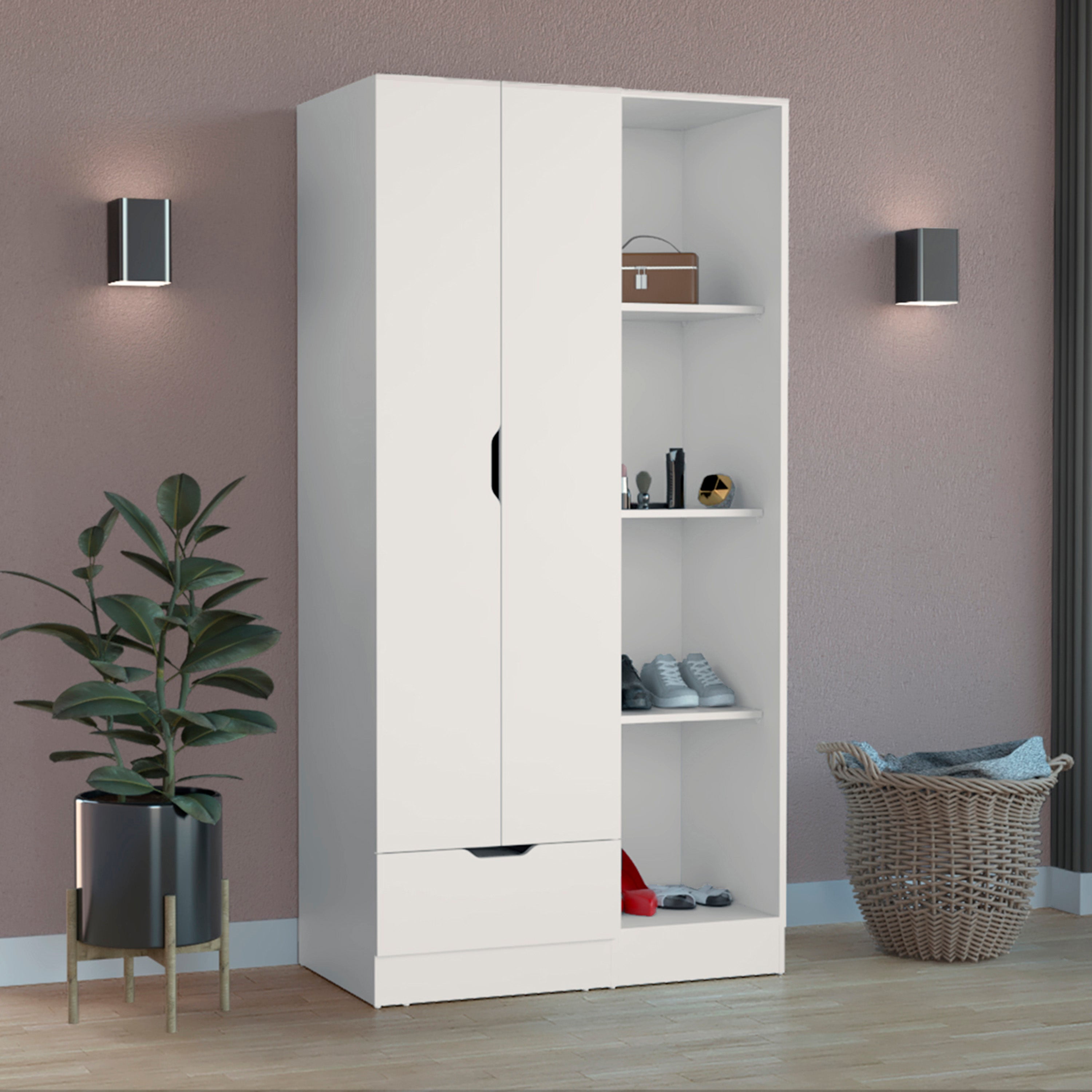 Shunda K 71H" with 1-Drawer and 4-Tier Open Shelves, 2 Doors, White ...