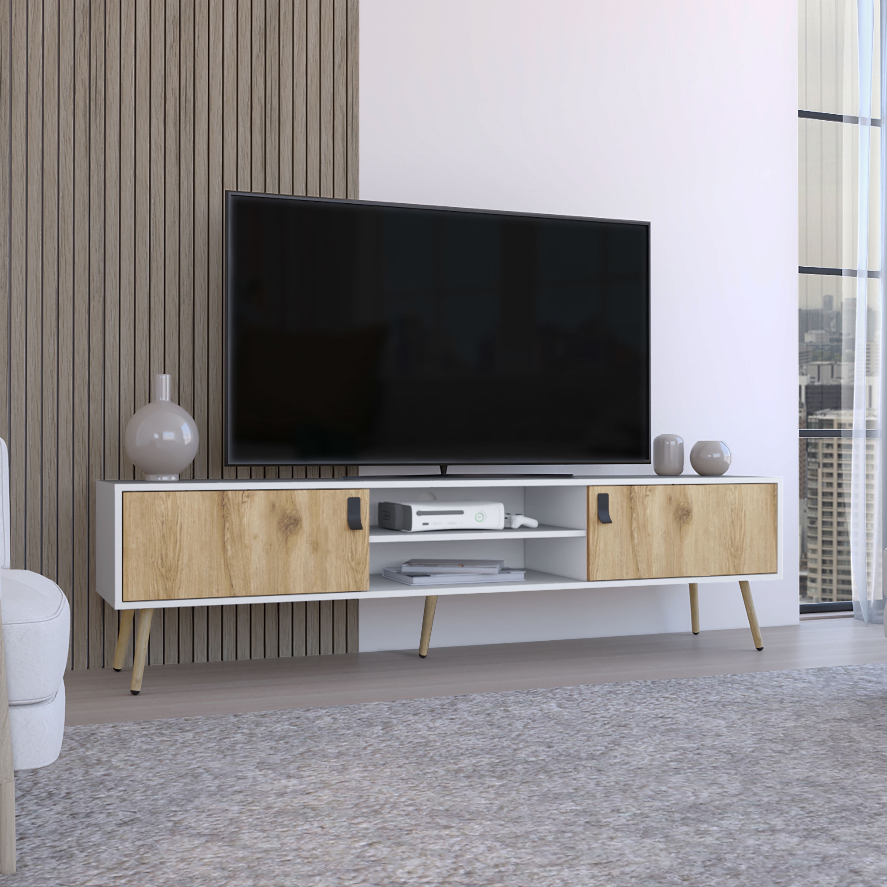 Shunda K TV Rack with 2 Hinged Doors and Central Shelves, White ...