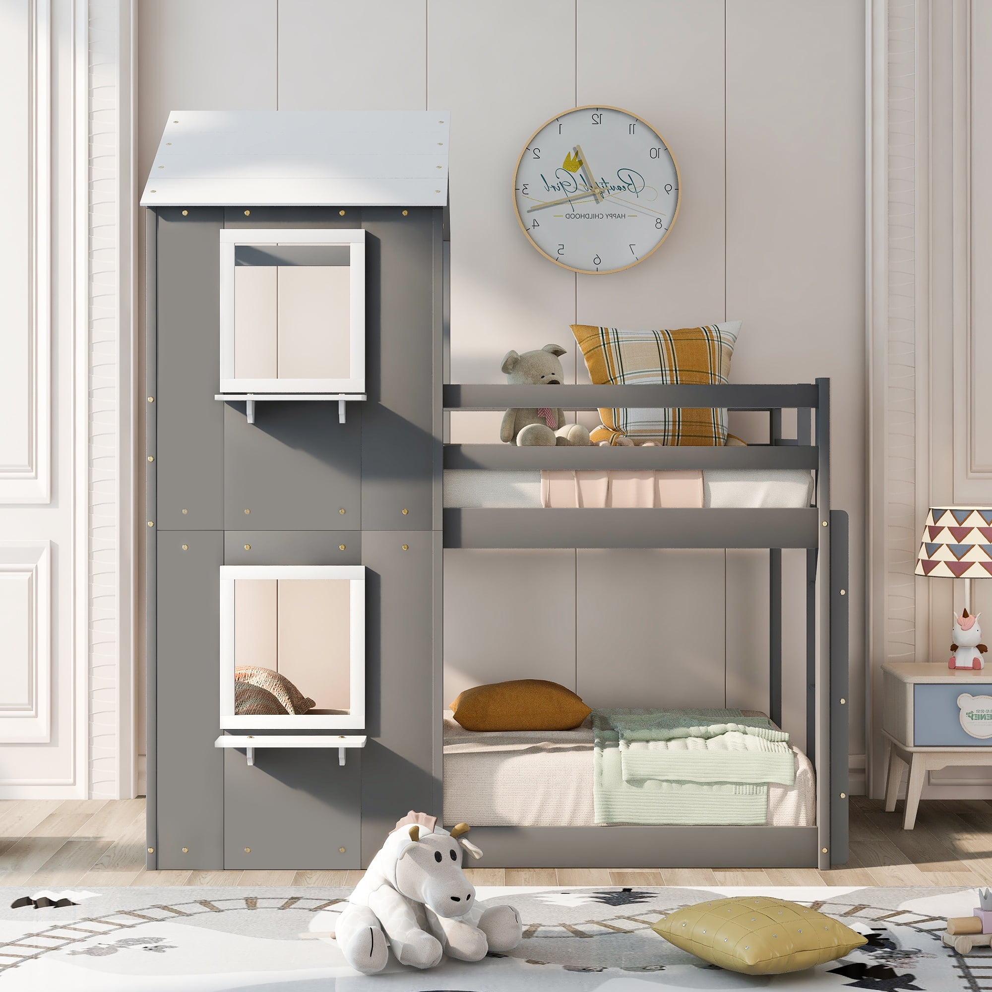 Shunda K Twin Over Twin Bunk Bed Wood Bed with Roof, Window, Guardrail ...