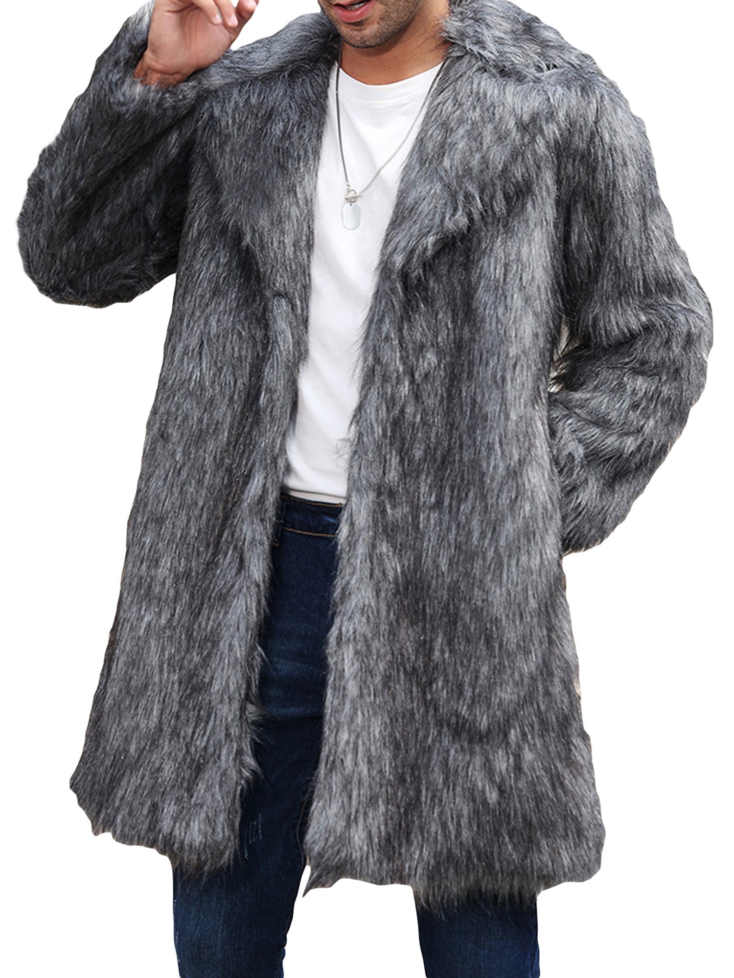 Shunvnny Men Winter Faux Fur Coat Long Sleeve Lapel Collar Open Front Fur Coat Warm Fleece ...