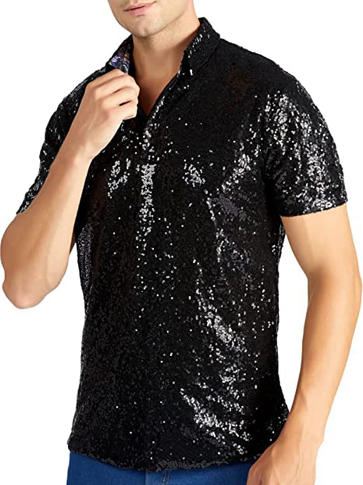 Shunvnny Men's Retro Sequins Shirt 70s Vintage Sparkle Shirt Button Short Sleeve Tops 60s Disco ...