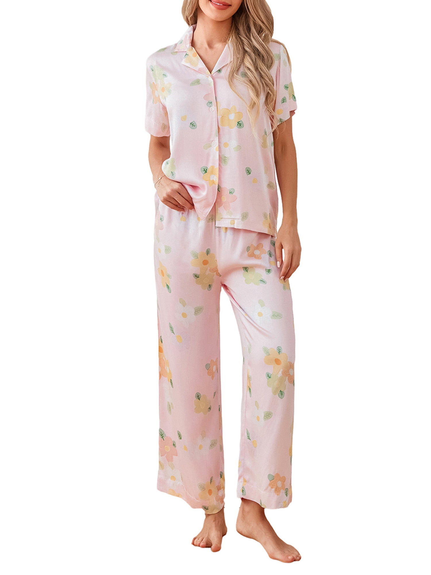 Shunvnny Women 2 Piece Lounge Pajamas Set Short Sleeve Button Down ...