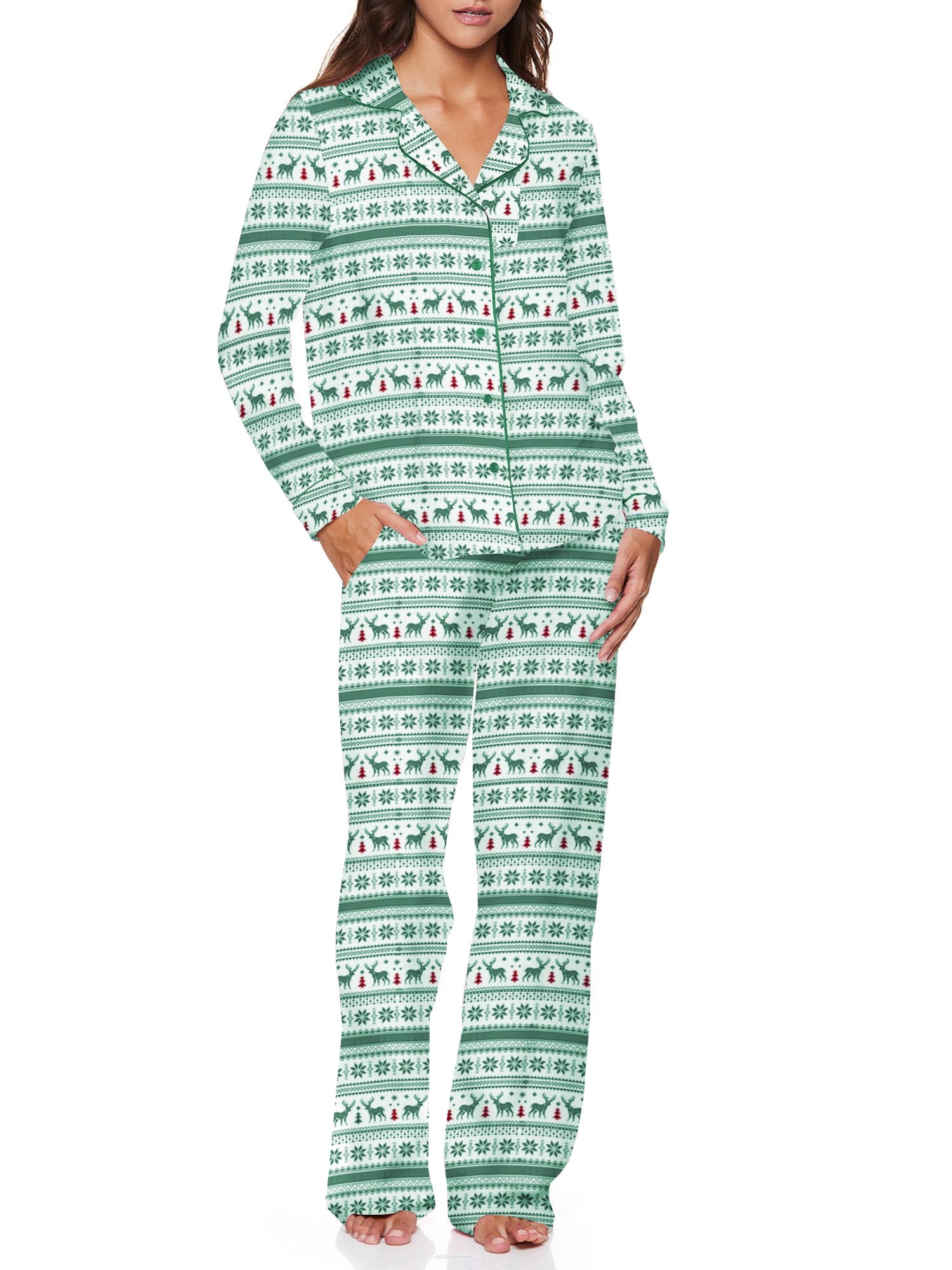 Shunvnny Women 2 Piece Pajamas Set Christmas Print Button up Long ...