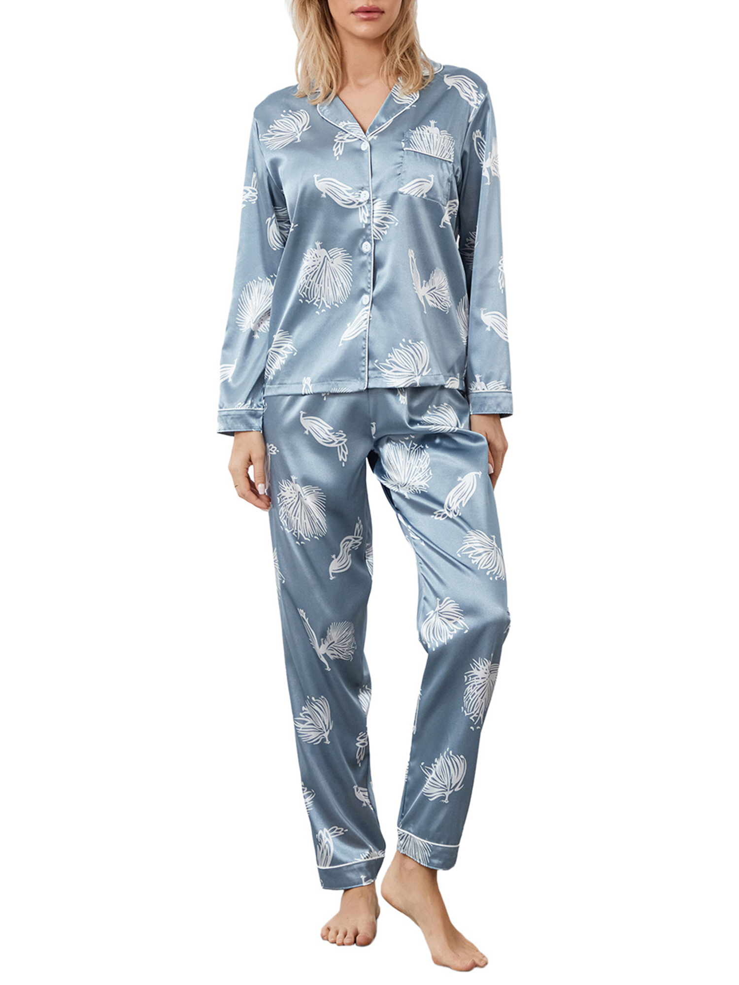 Shunvnny Women 2 Piece Satin Pajamas Set Long Sleeve Button Down ...