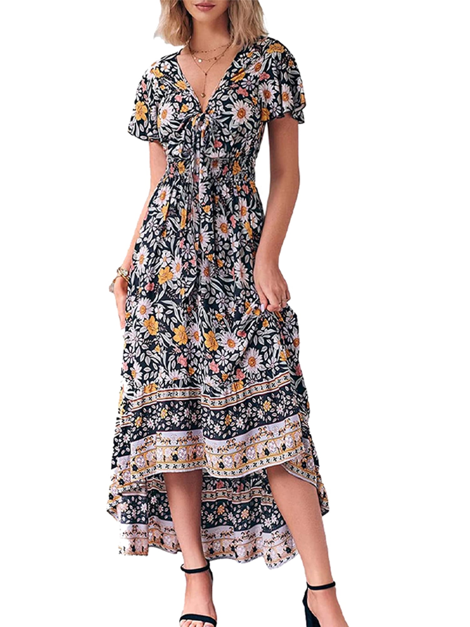 Shunvnny Women Boho Summer Sundresses Short Sleeve V Neck Flower Print ...