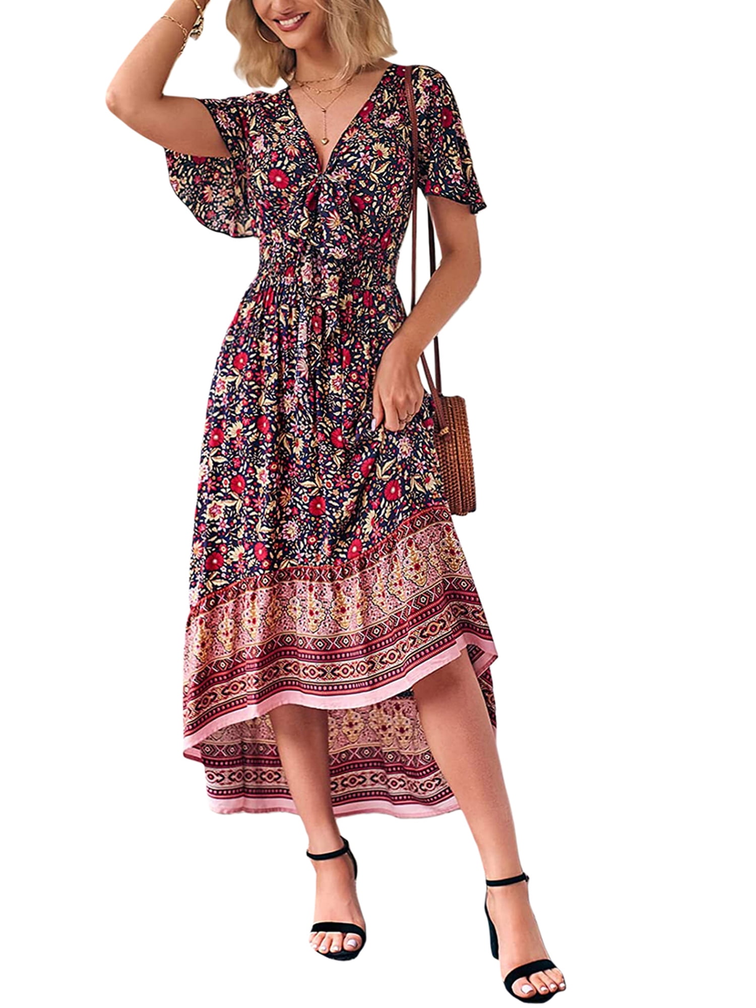 Shunvnny Women Boho Summer Sundresses Short Sleeve V Neck Flower Print ...