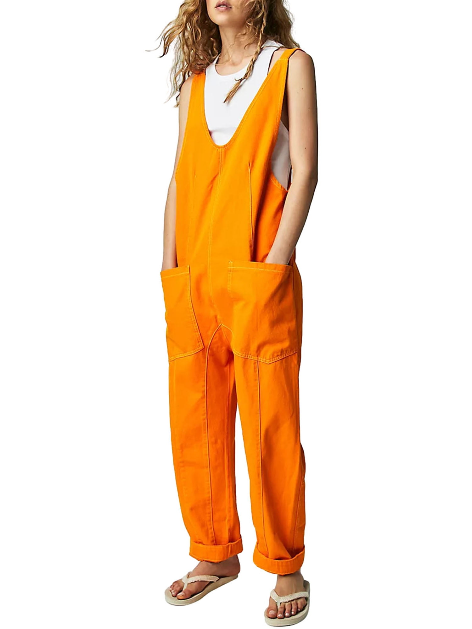 Shunvnny Women Denim Bib Overalls Solid Color Loose Straight Leg ...