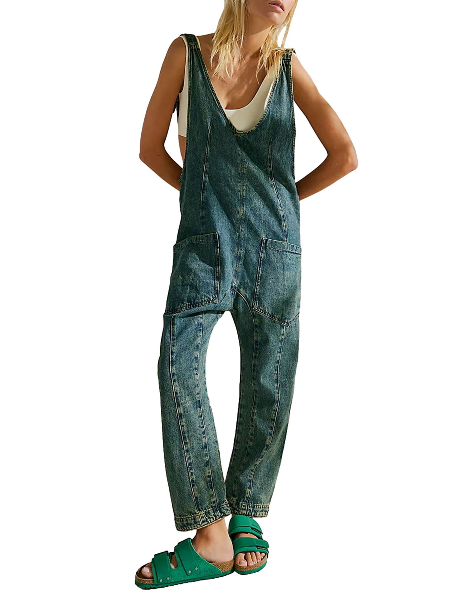 Shunvnny Women Denim Bib Overalls Solid Color Loose Straight Leg ...