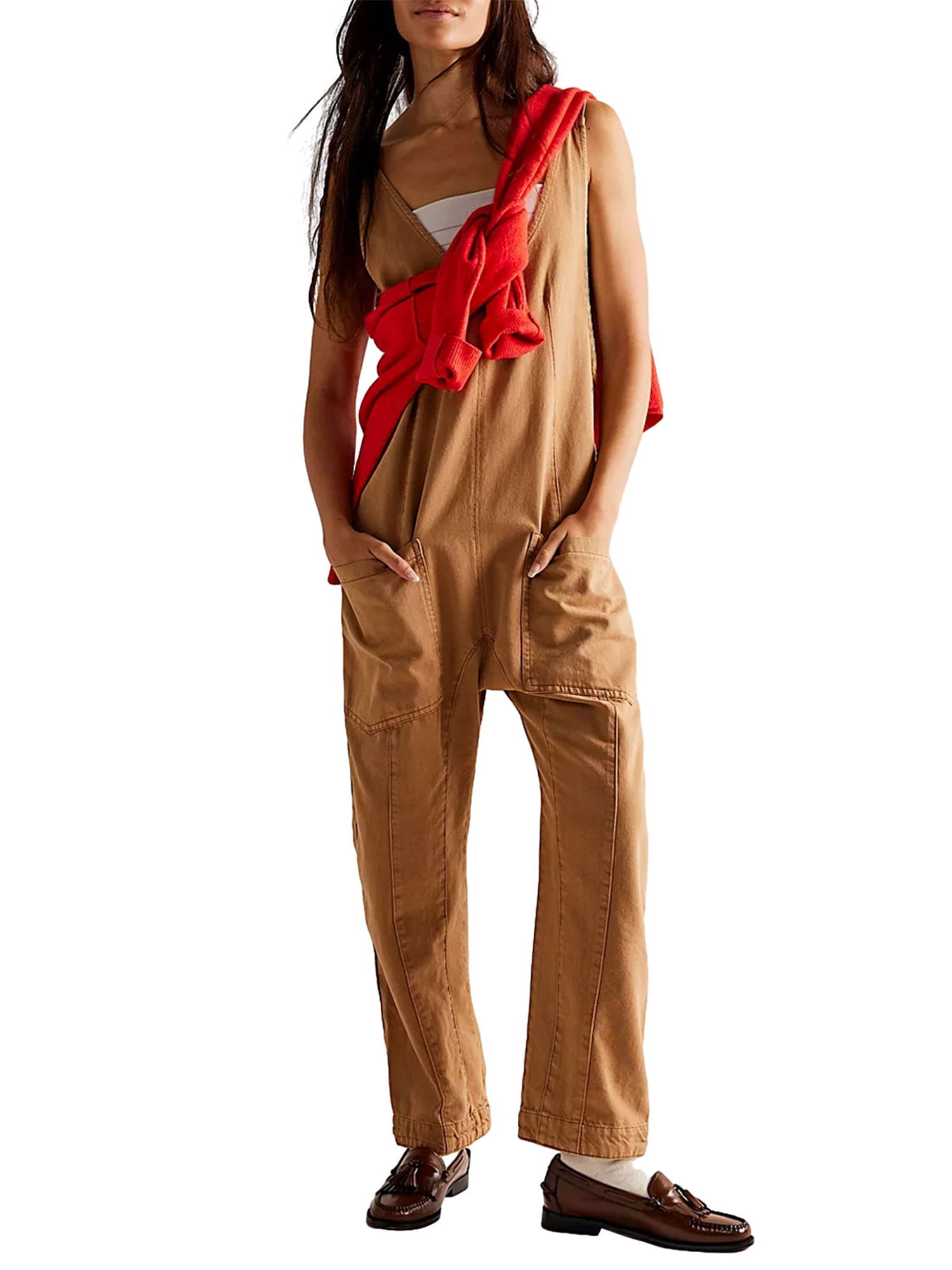 Shunvnny Women Denim Bib Overalls Solid Color Loose Straight Leg ...