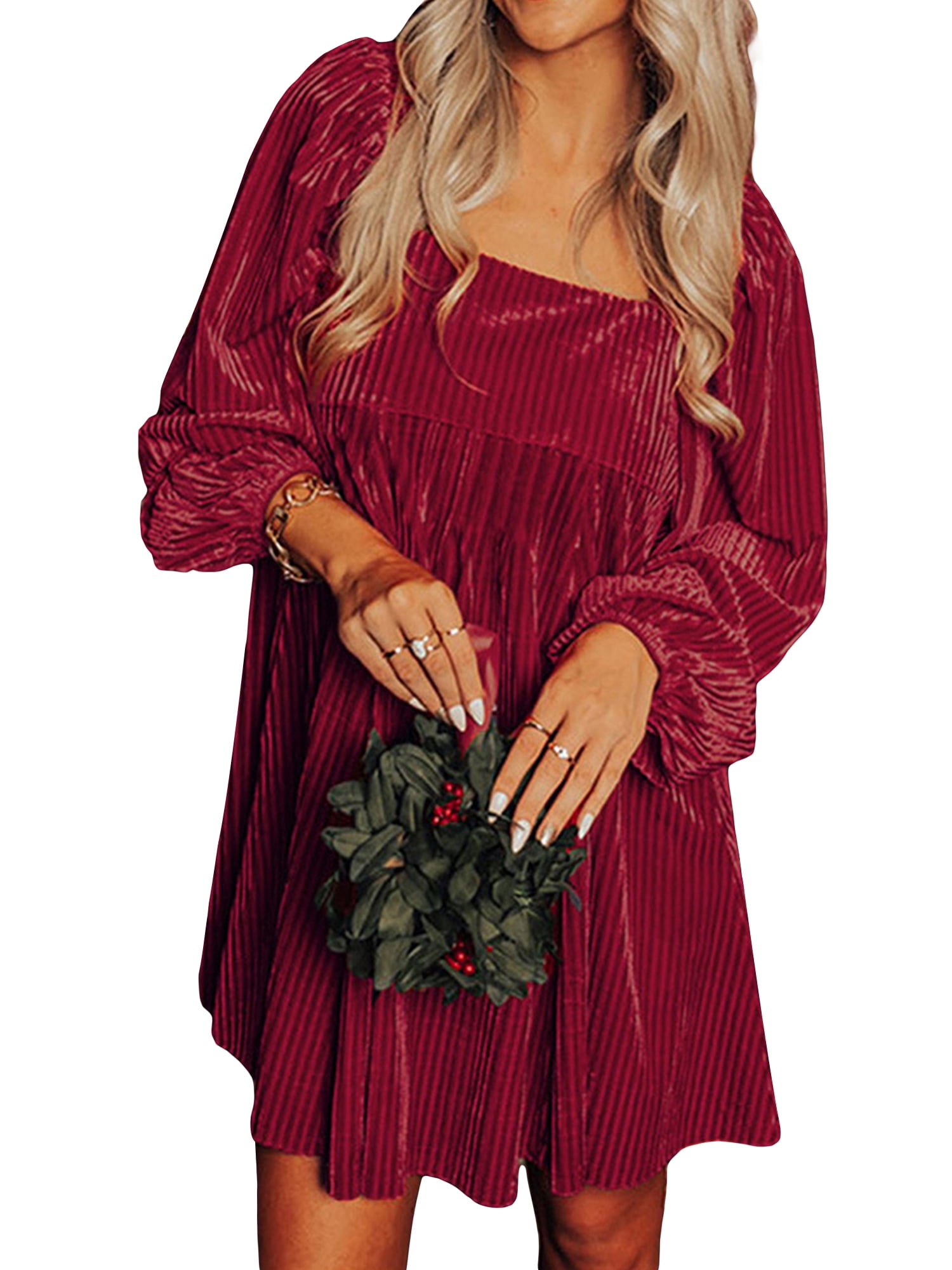Shunvnny Women Long Sleeve Square Neck Velvet Dress Puff Sleeve Off