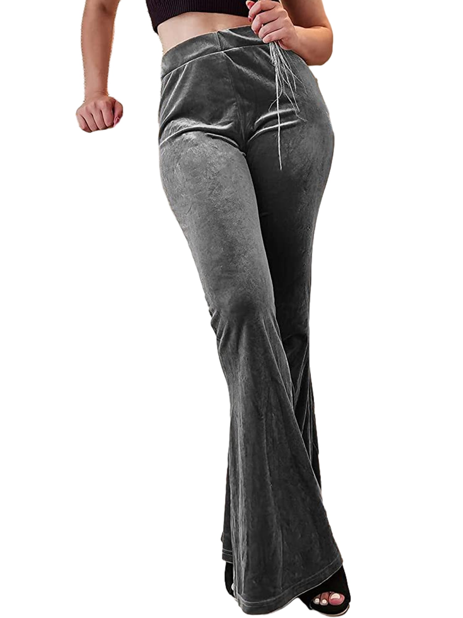 Shunvnny Women Velvet Flare Pants High Waist Velour Bell Bottom Casual ...