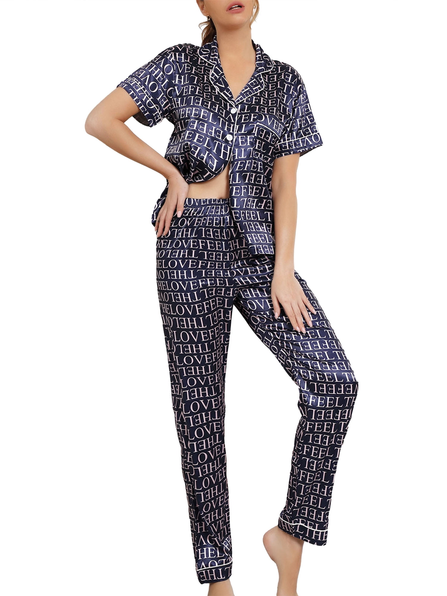 Shunvnny Women's 2 Piece Summer Satin Loungewear Set Heart/Letter ...