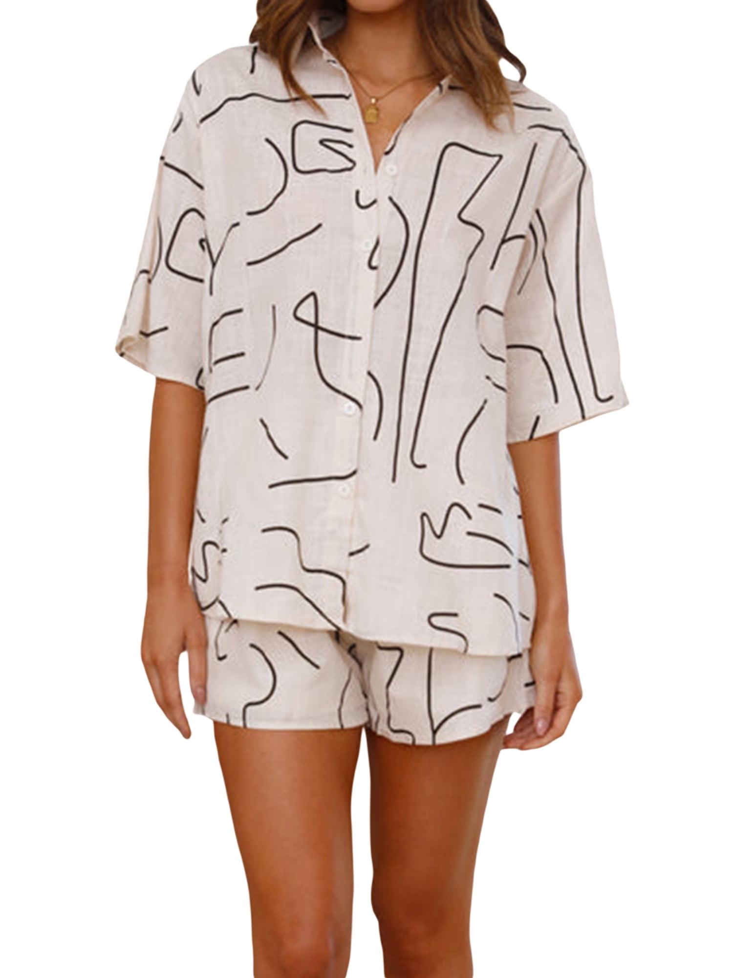 Shunvnny Women’s Casual 2 Piece Outfits Fashion Pattern Short Sleeve ...