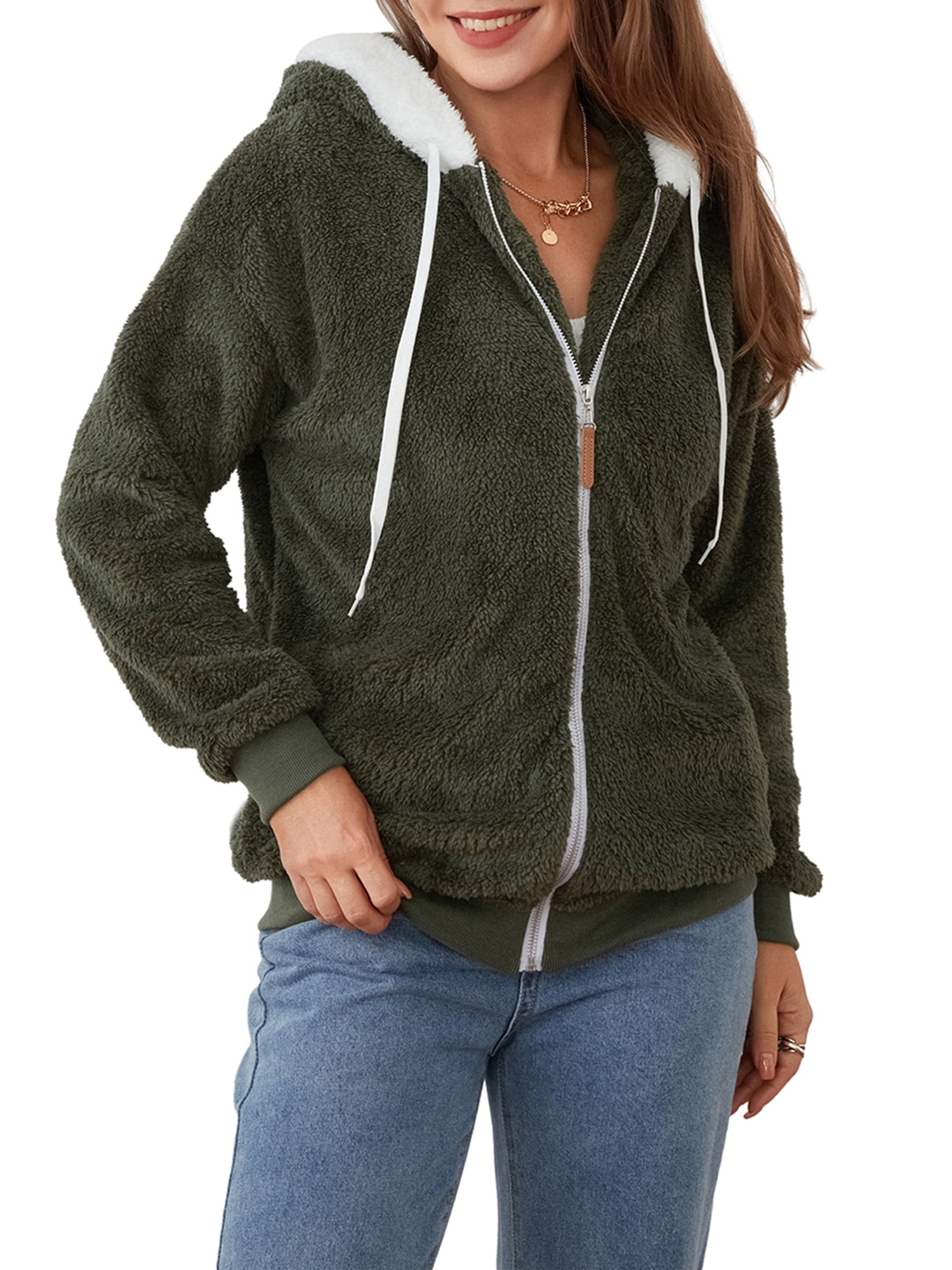 Shunvnny Women’s Winter Fuzzy Hood Coat, Long Sleeve Front Zipper ...