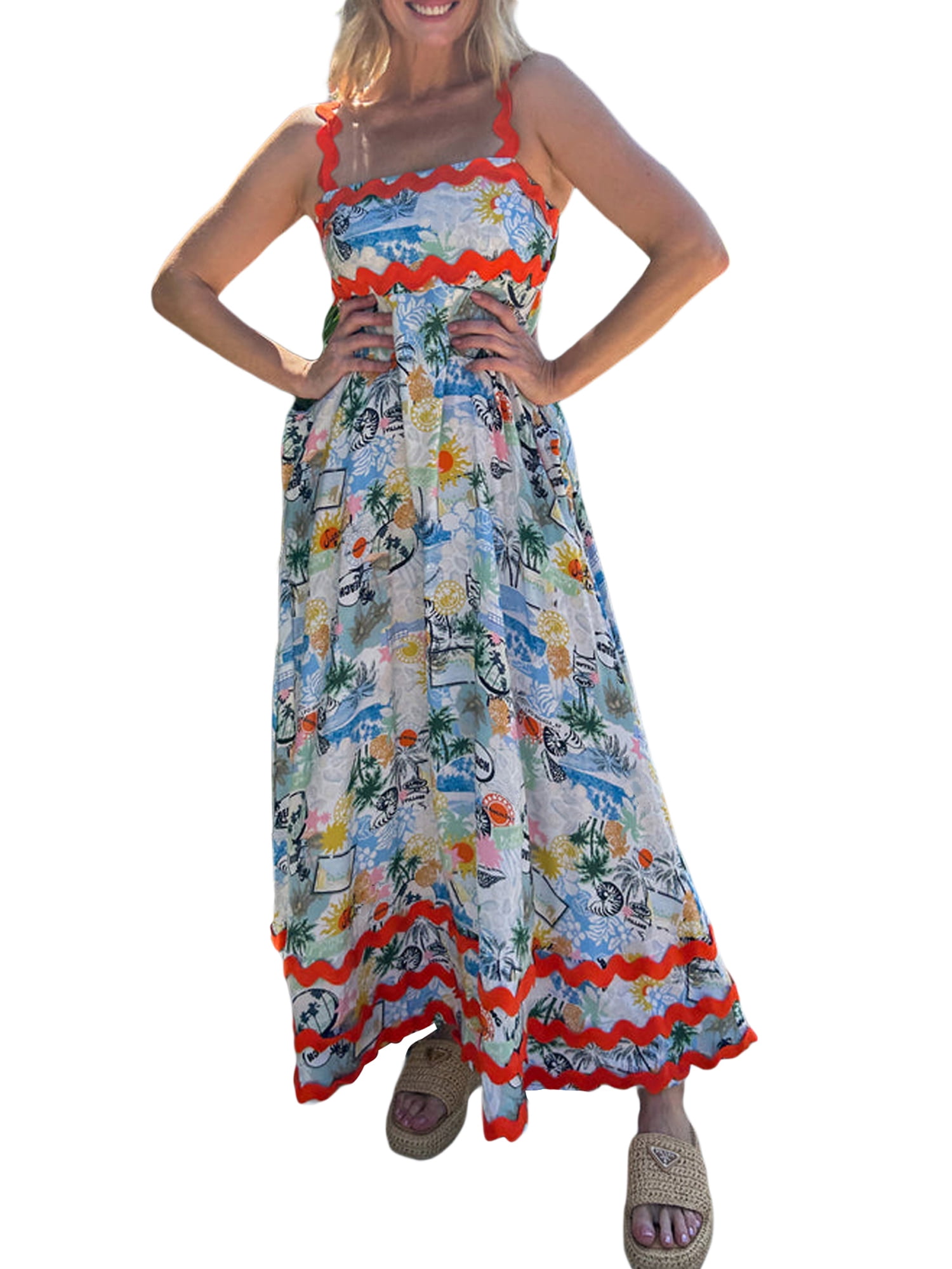 Shunvnny Women's Long Cami Dress Floral/Leopard Print Sleeveless Square ...