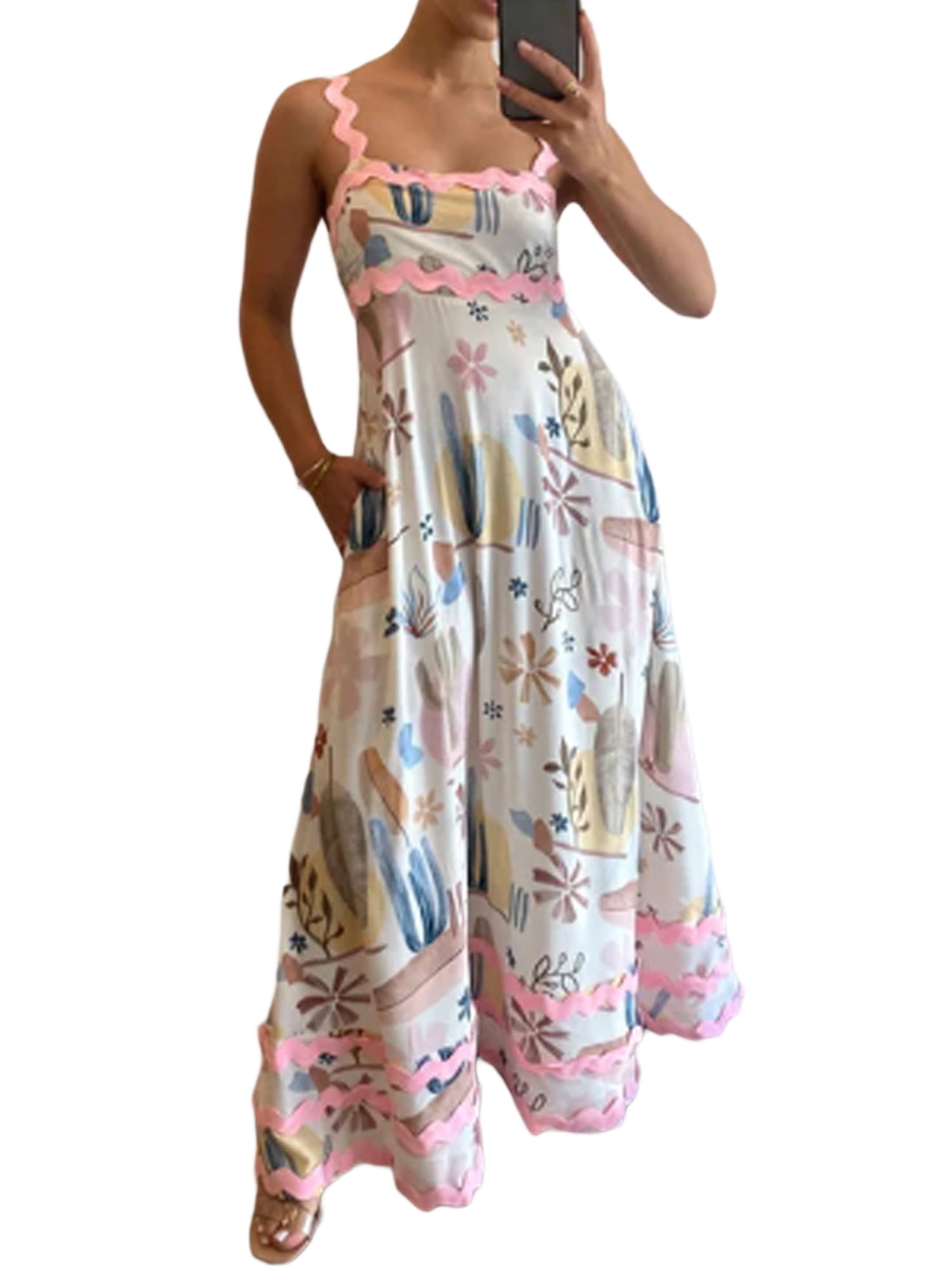 Shunvnny Women's Long Cami Dress Floral/Leopard Print Sleeveless Square ...