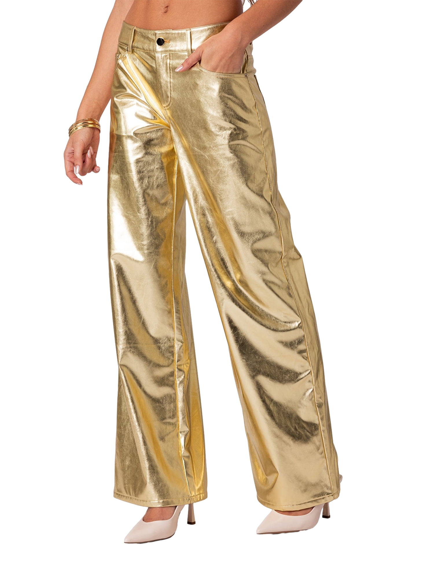Shunvnny Womens Metallic High Waist Button Pocket Front Denim Trousers