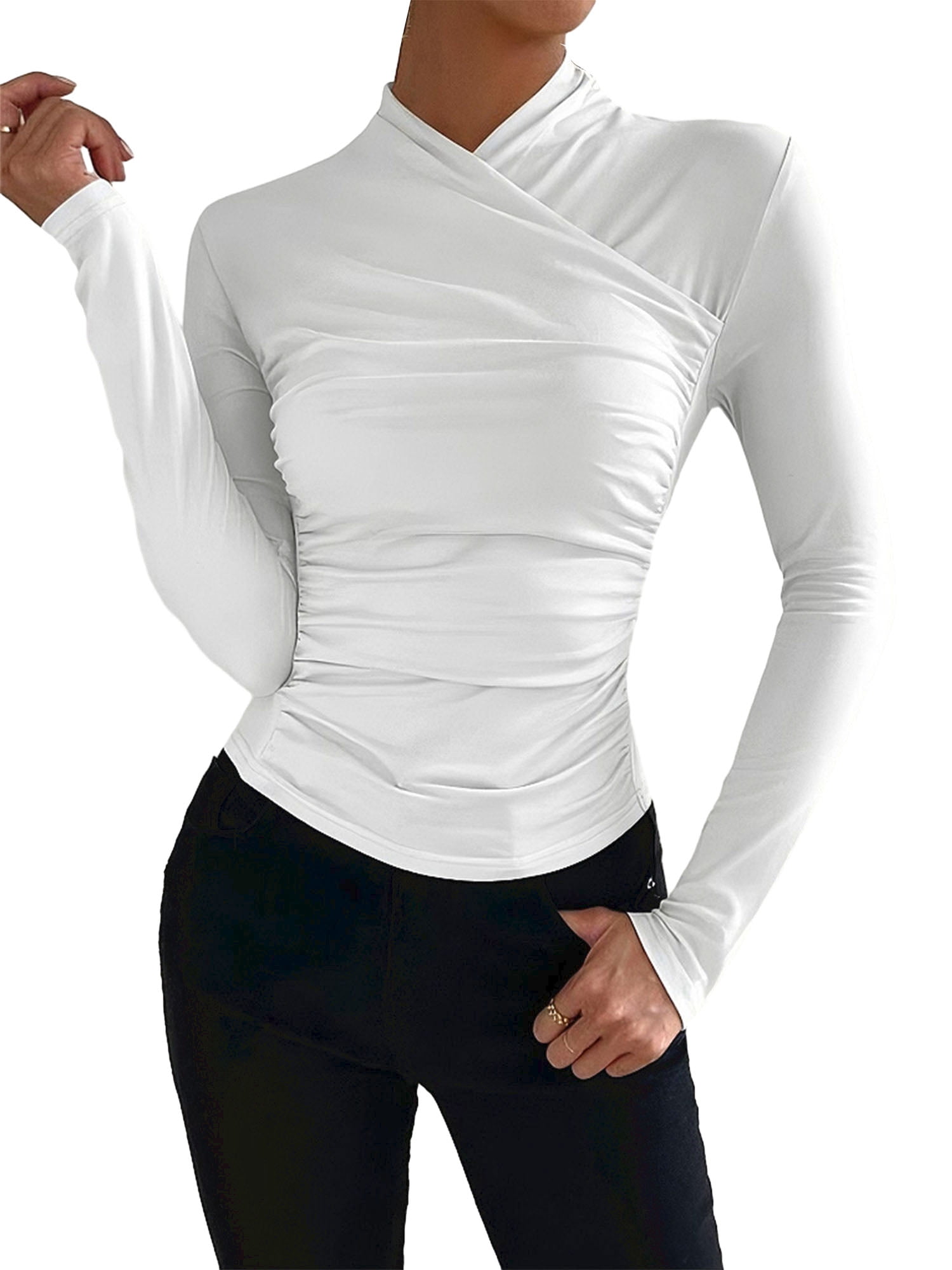 Shunvnny Women's Spring Elegant Slim Tops Solid Color Long Sleeve High ...