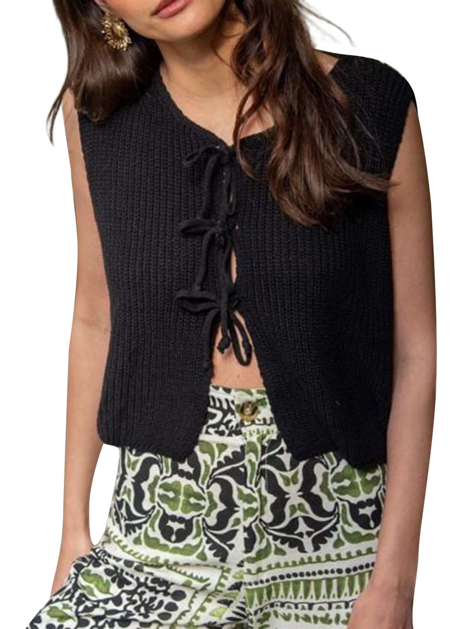 Shunvnny Womens Knit Sweater Vest Sleeveless Cardigan Bow Tie Closure ...