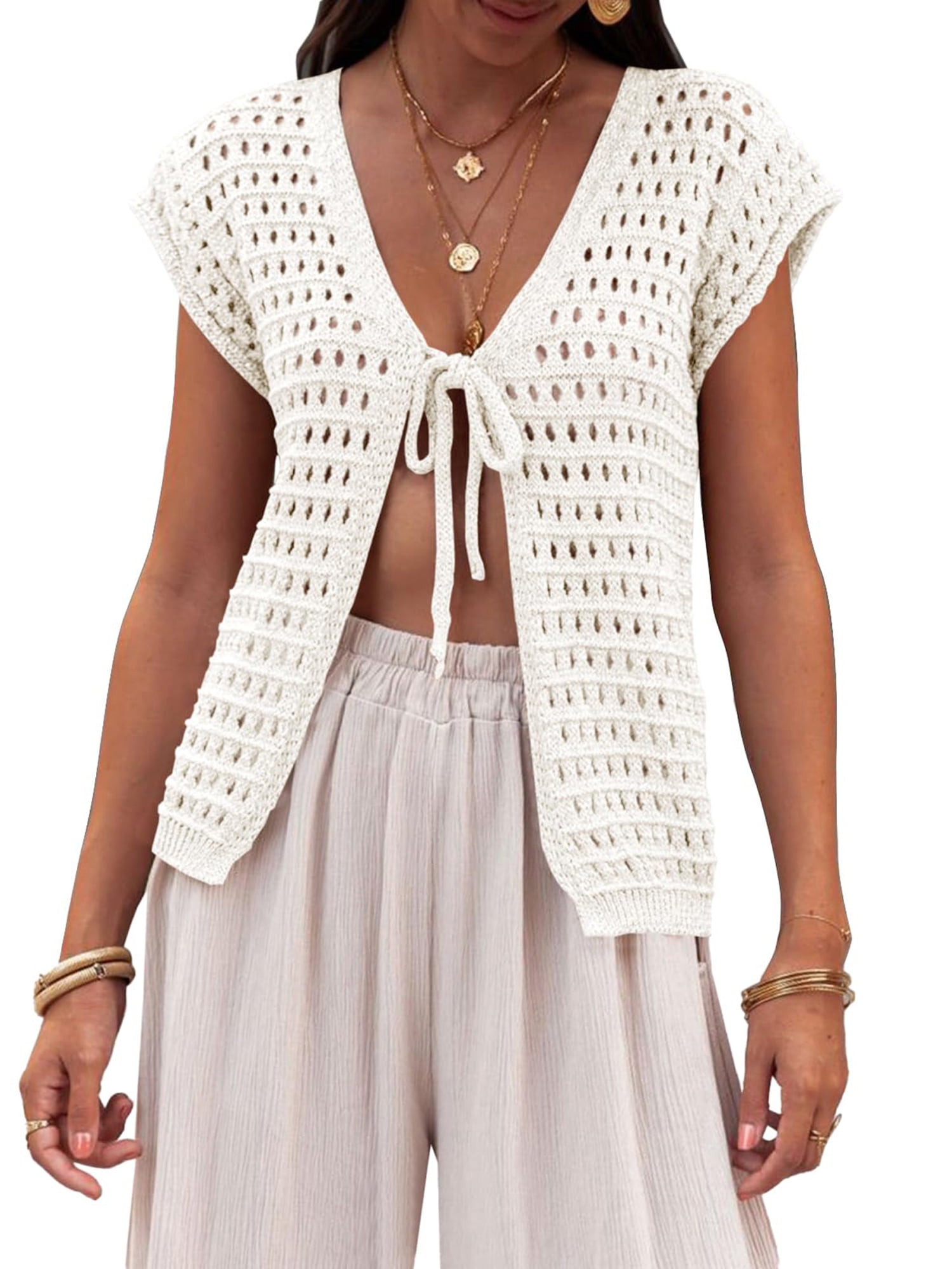 Shunvnny Womens Tie Front Knit Cardigan Short Sleeve V-Neck Hollow Out ...