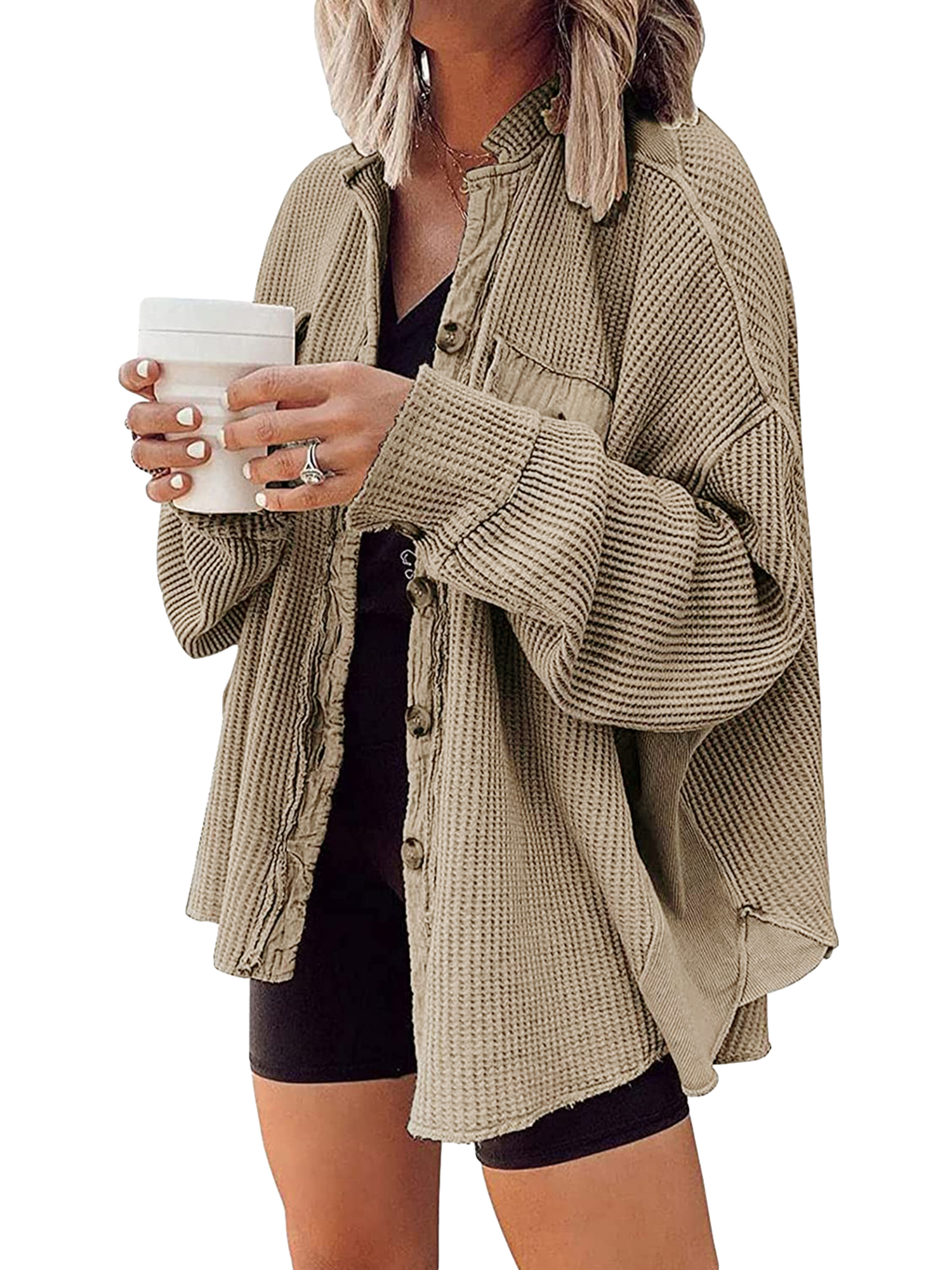 Shunvnny Womens Waffle Knit Shacket Boyfriend Shirt Jacket Button Down ...