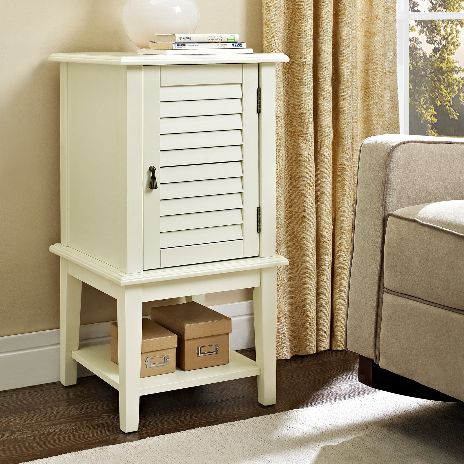 Powell Shutter Door Accent Side Table, White, Shelves, 15.75" W x 15.75 ...