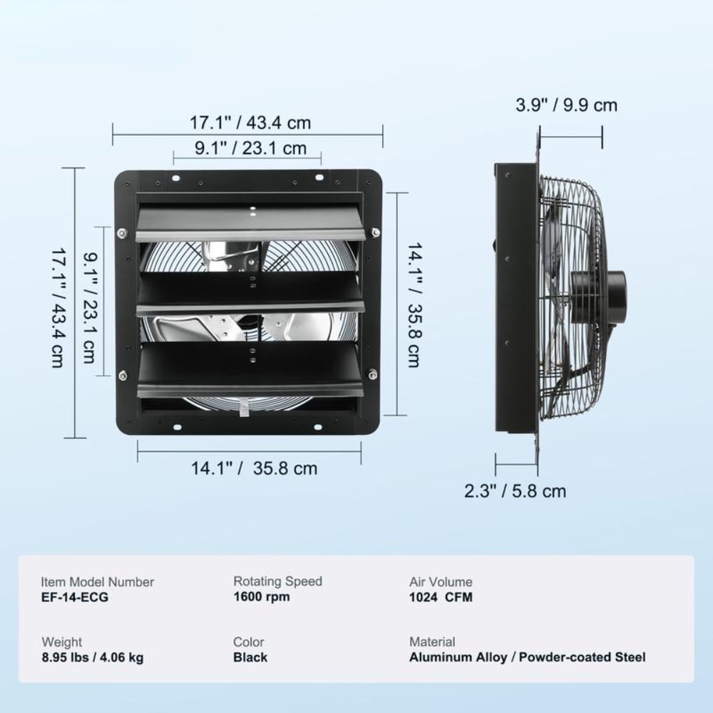 Shutter Exhaust Fan, 16'' with Temperature Humidity Controller, EC ...