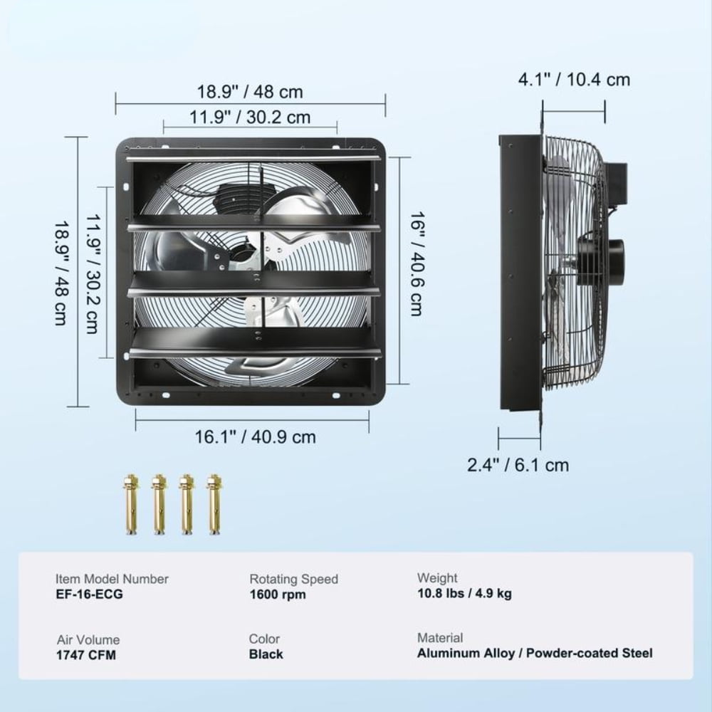 Shutter Exhaust Fan, 16'' with Temperature Humidity Controller, EC ...