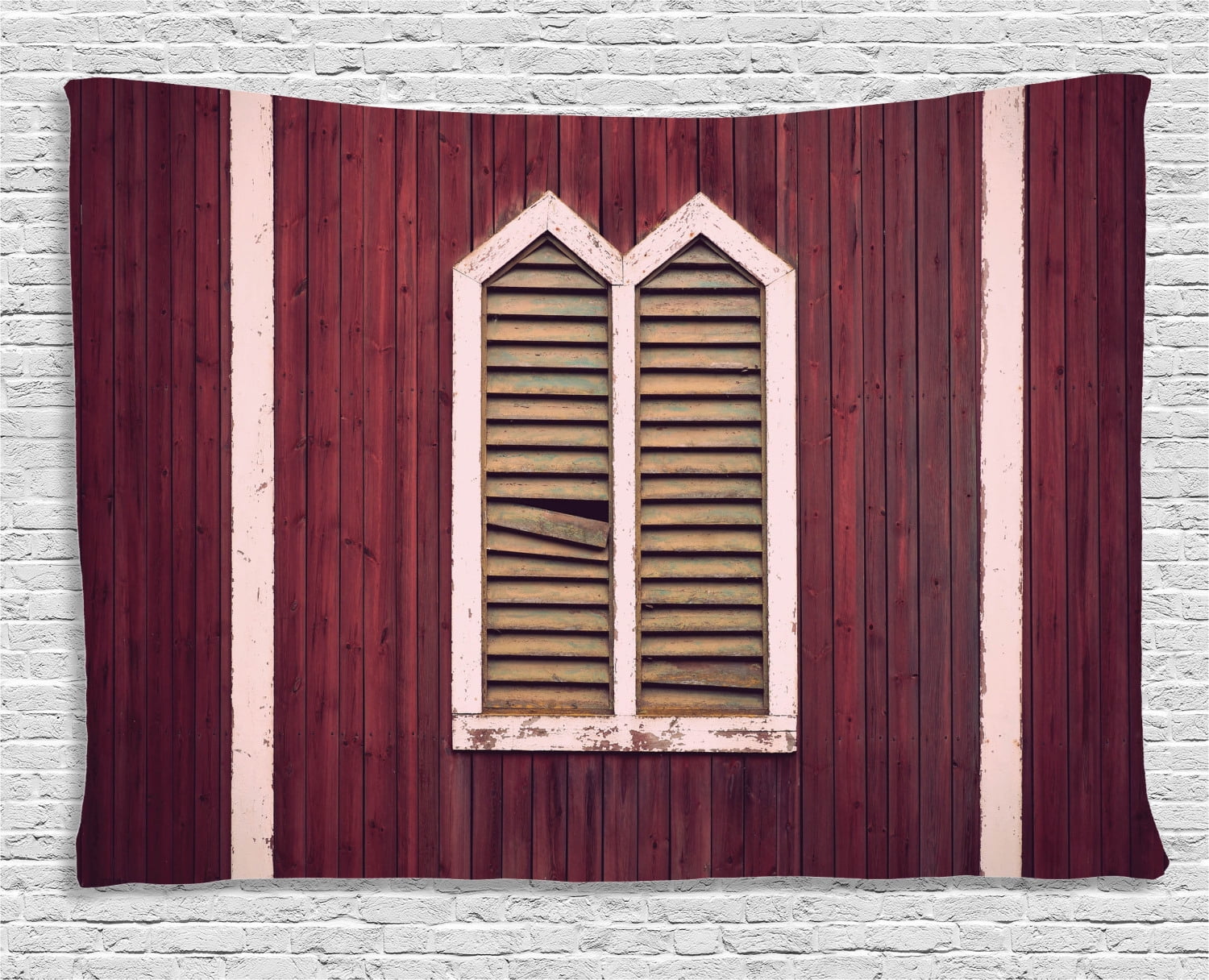 Shutters Decor Tapestry, Window Frame with Shutters on Wooden Wall ...