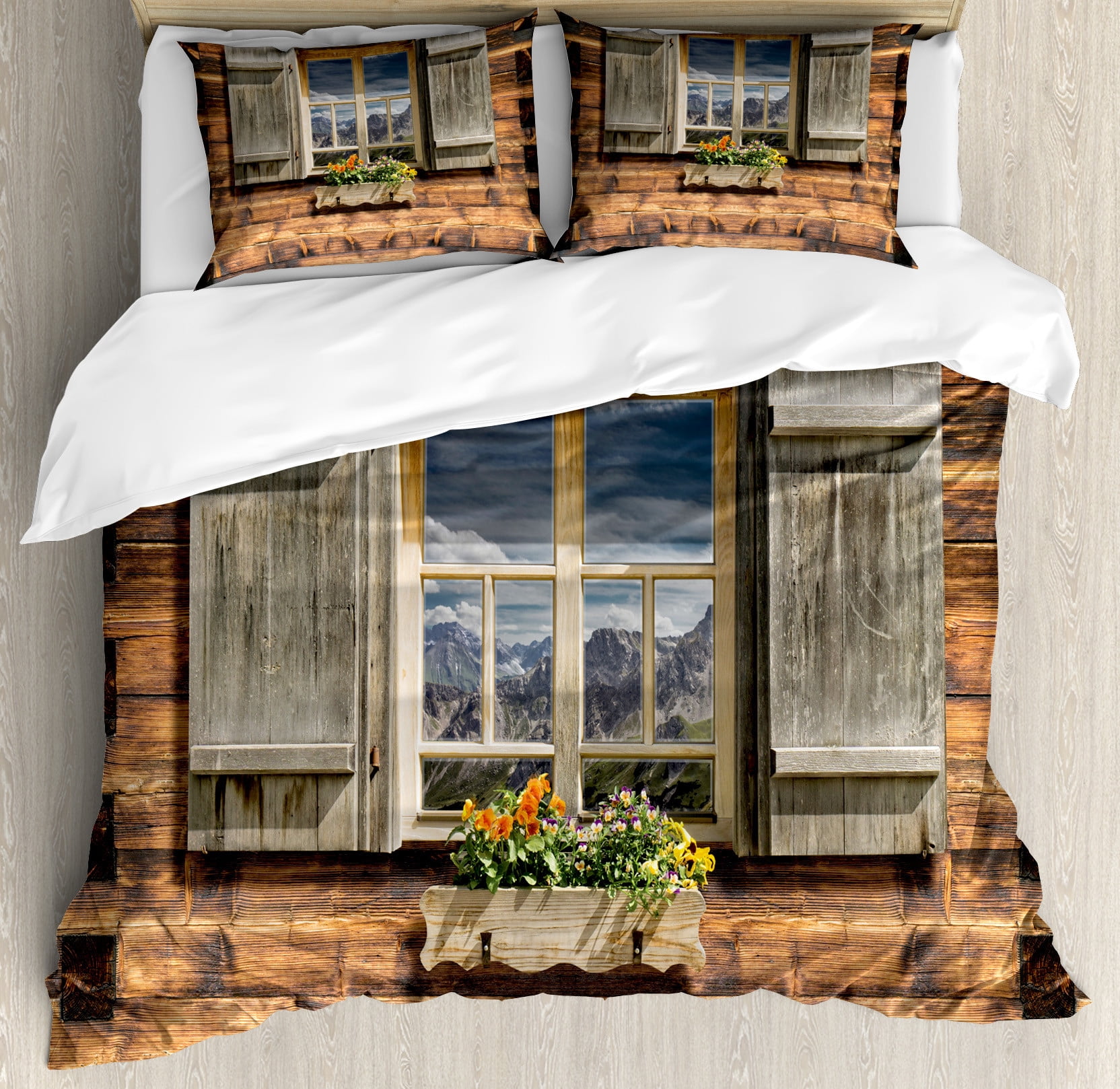 Shutters Duvet Cover Set, Weathered Facade of a Mountain Hut with ...