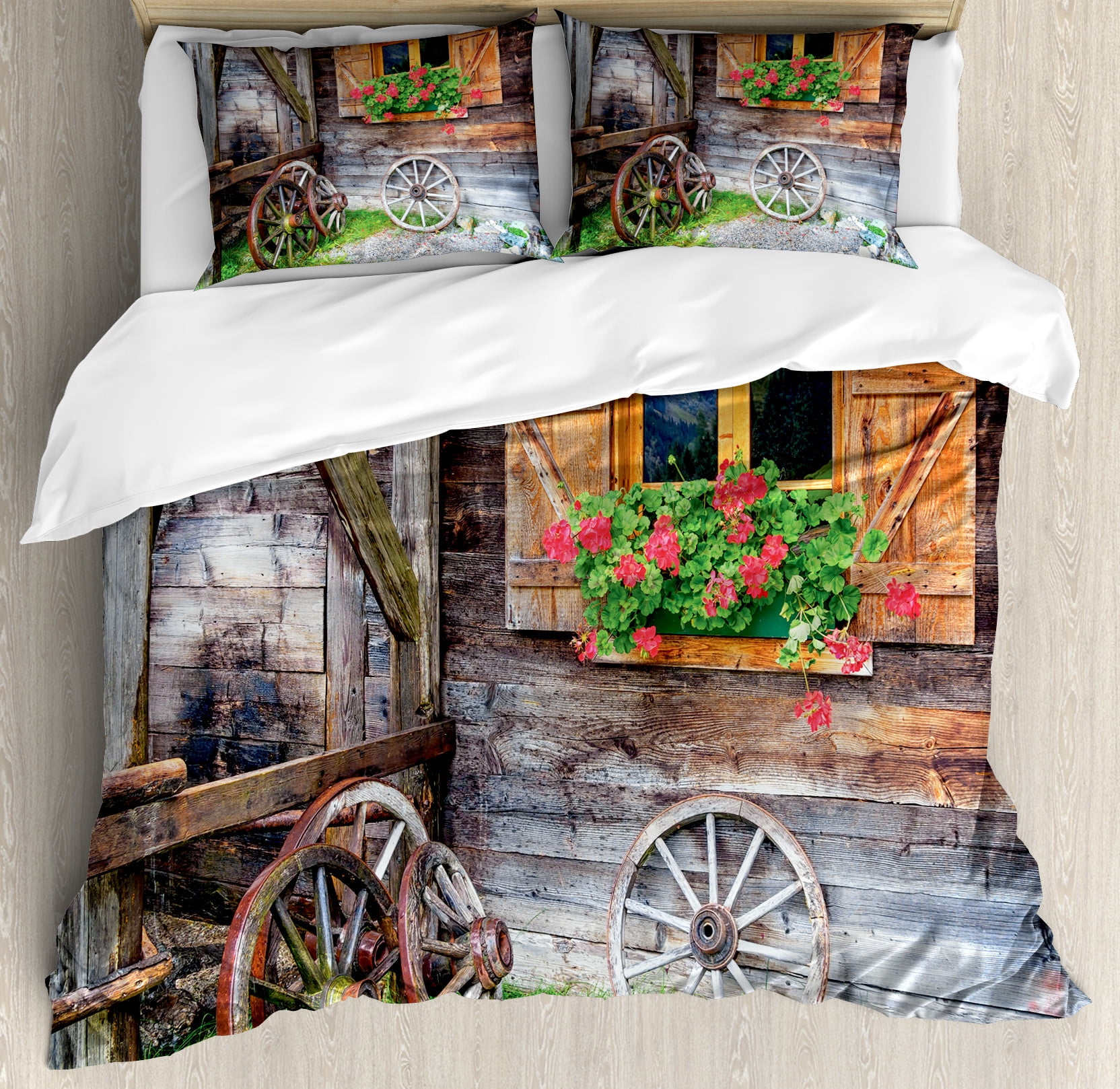 Shutters Duvet Cover Set, Weathered Window with Flowers in Pot Wheels ...