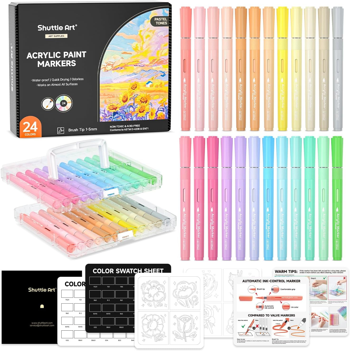 Shuttle Art Automatic Ink Control Acrylic Paint Markers, 24 Pastel ...