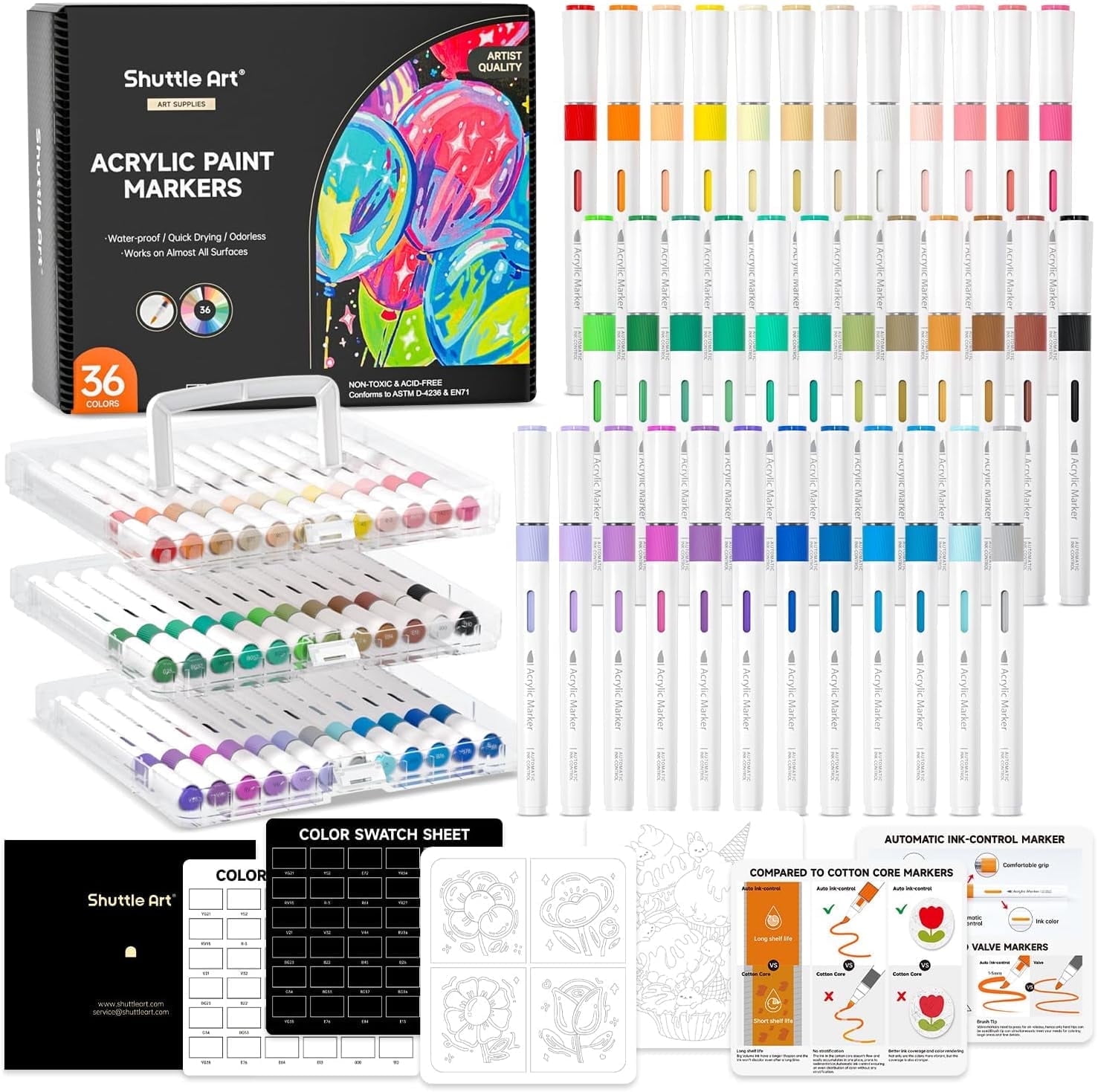 Shuttle Art Automatic Ink Control Acrylic Paint Markers, 36 Colors ...