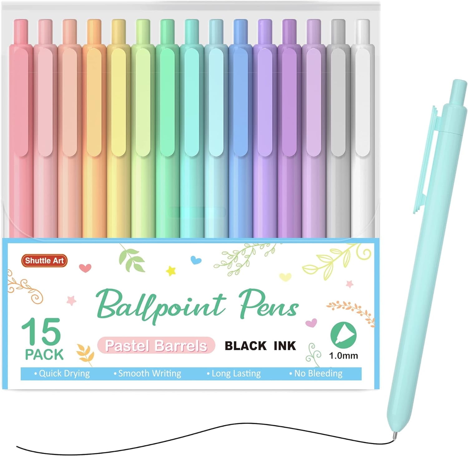 Shuttle Art Pastel Retractable Pens, Ballpoint, 1 mm, Black Ink, 15 ...