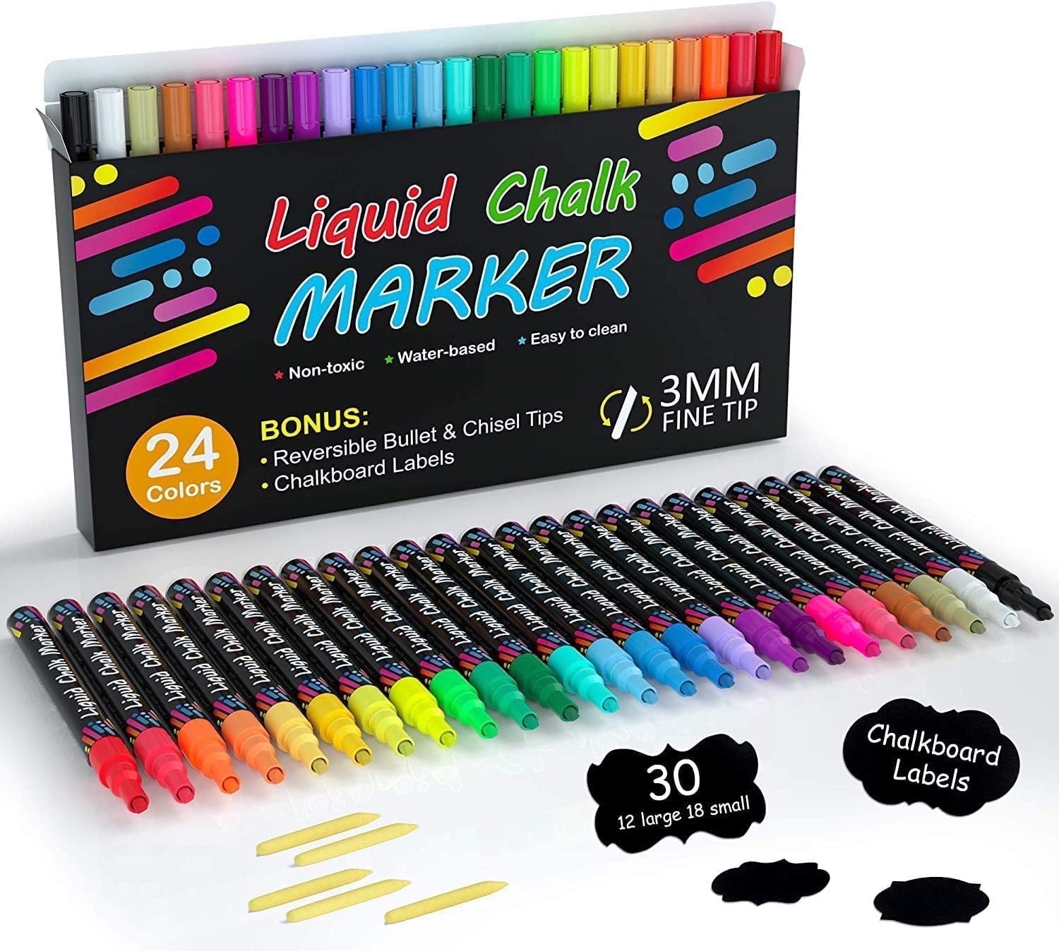Shuttle Art 24 Neon Chalk Markers, Erasable, 3mm Fine Tip, For Glass ...