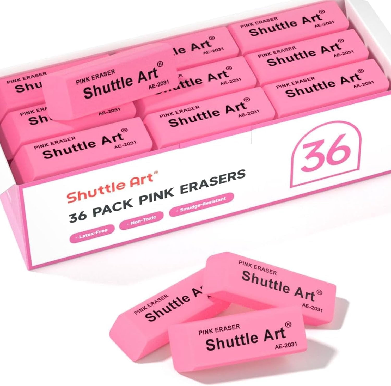 Pink Erasers, Shuttle Art 36 Pack Pink Erasers Bulk for Office, Latex ...