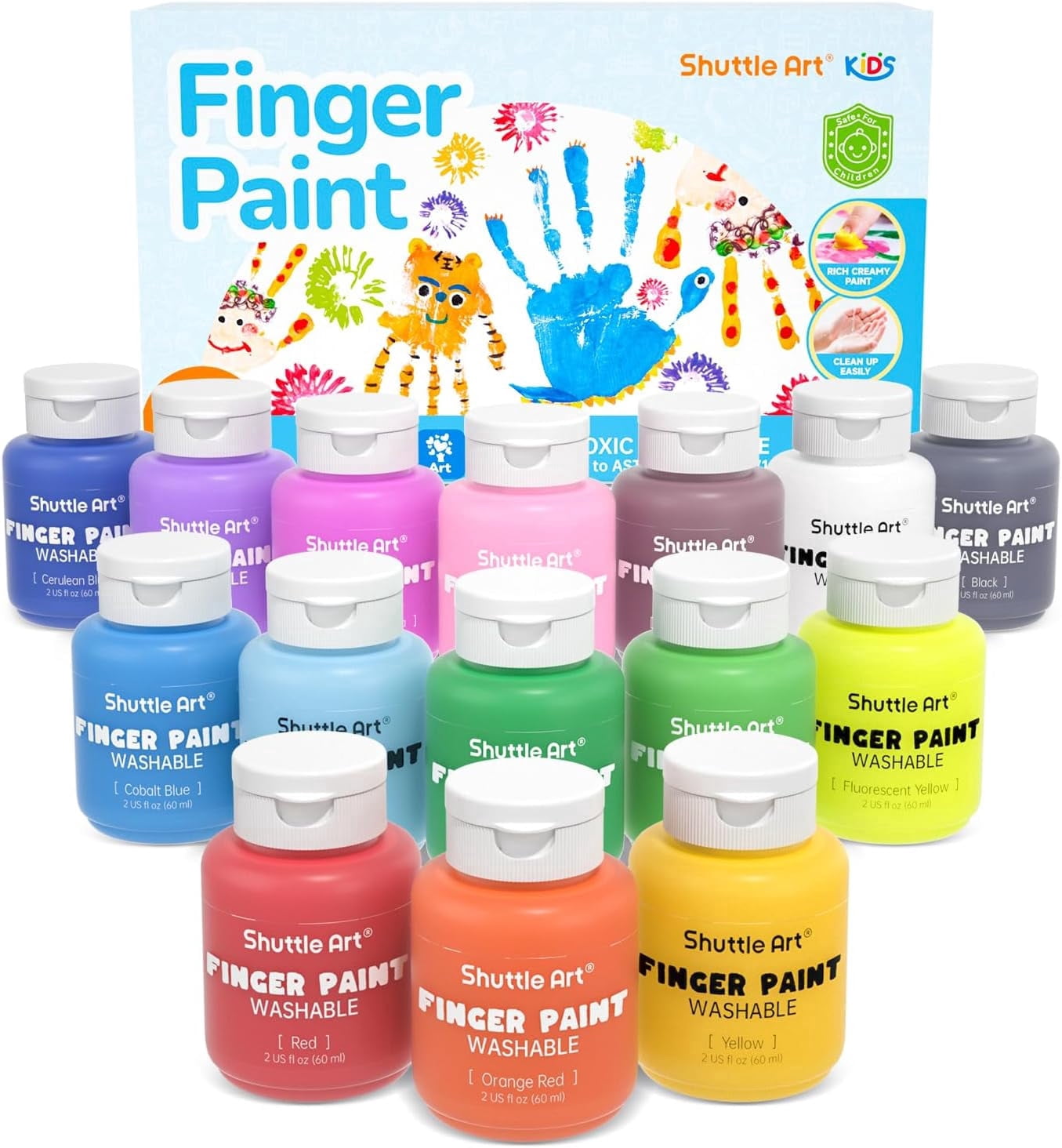 Shuttle Art Washable Finger Paint Set, 15 Colors (2 fl oz) Paint, Non ...