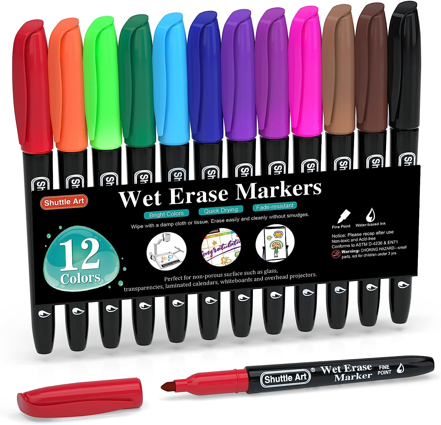 Shuttle Art Wet Erase Markers, 12 Colors 1mm Fine Tip Smudge-Free ...