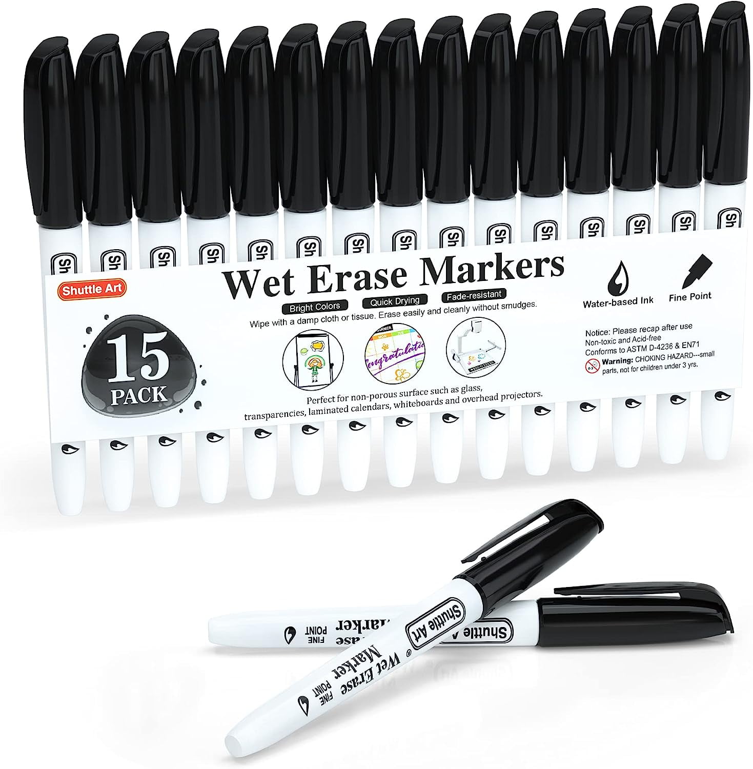 Shuttle Art 15 Pack Black Wet Erase Markers, 1mm Fine Tip, for ...