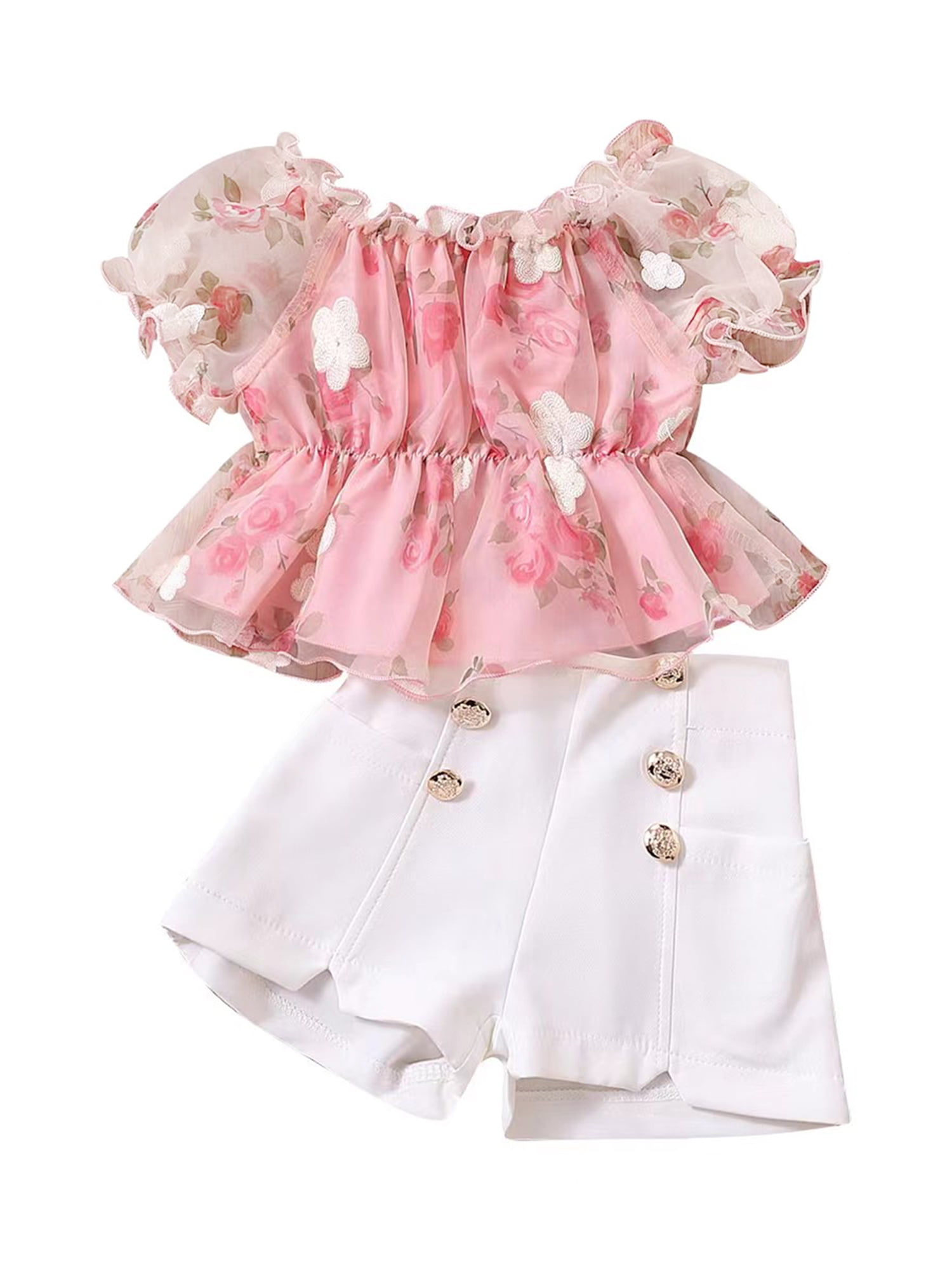 Shuttle tree 2-7Y Fashion Kids Girls Clothes Sets Off Shoulder Short Sleeve Mesh Lace Floral ...