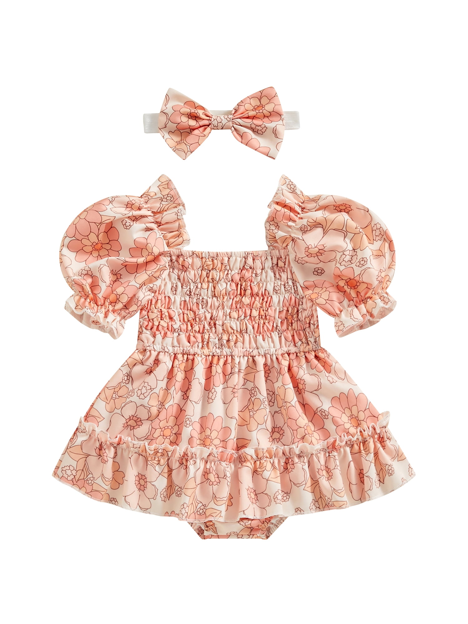 Shuttle tree Baby Girl 2 Piece Outfits Fruit/Flower Print Ruched Short Sleeve Romper Dress with ...