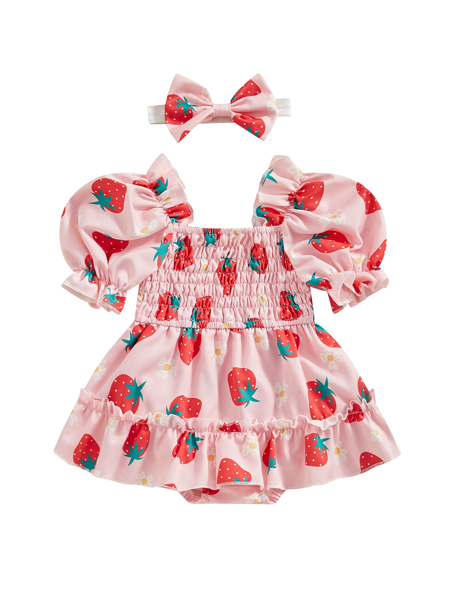 Shuttle tree Baby Girl 2 Piece Outfits Fruit/Flower Print Ruched Short Sleeve Romper Dress with ...