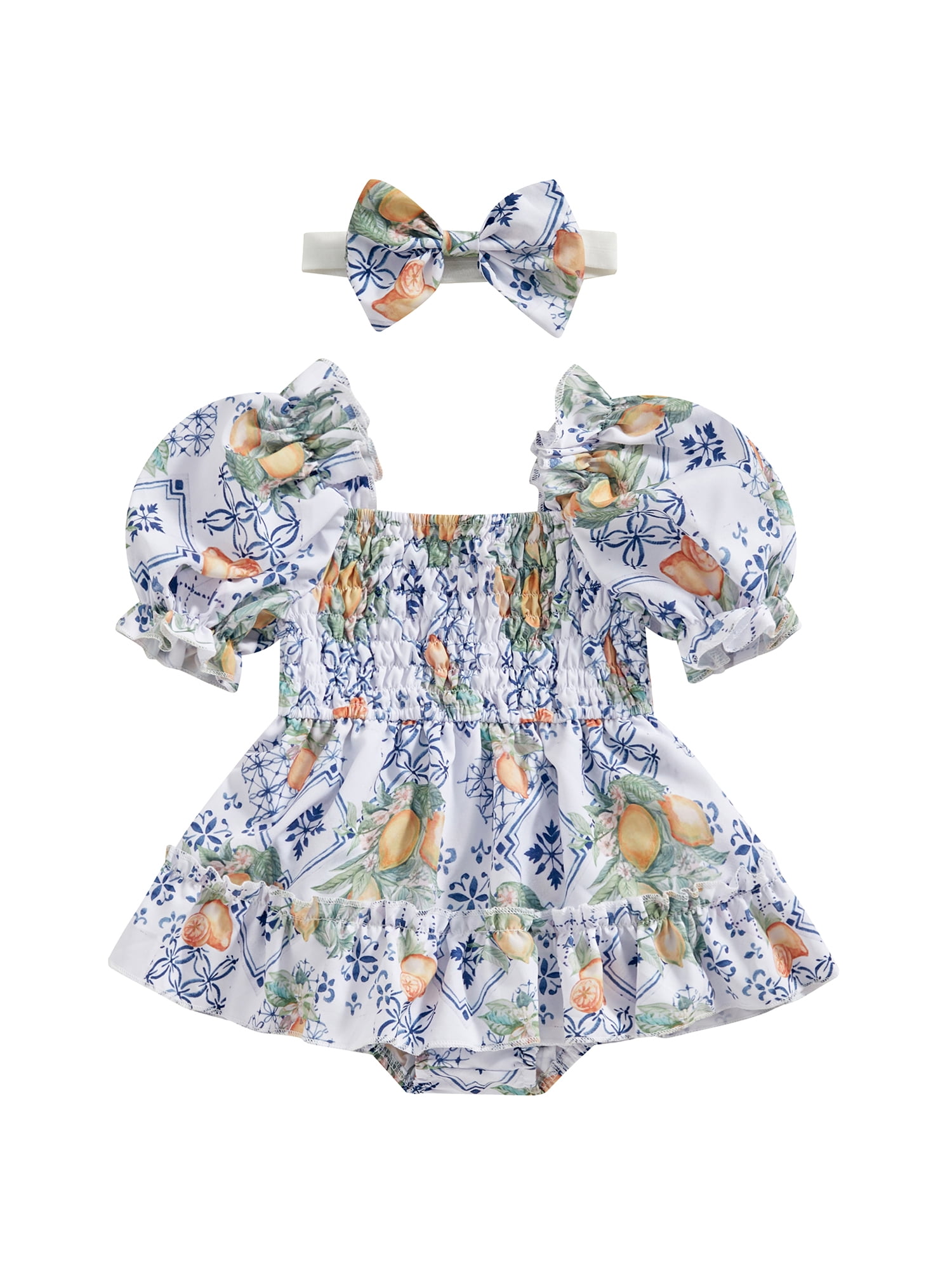 Shuttle tree Baby Girl 2 Piece Outfits Fruit/Flower Print Ruched Short Sleeve Romper Dress with ...