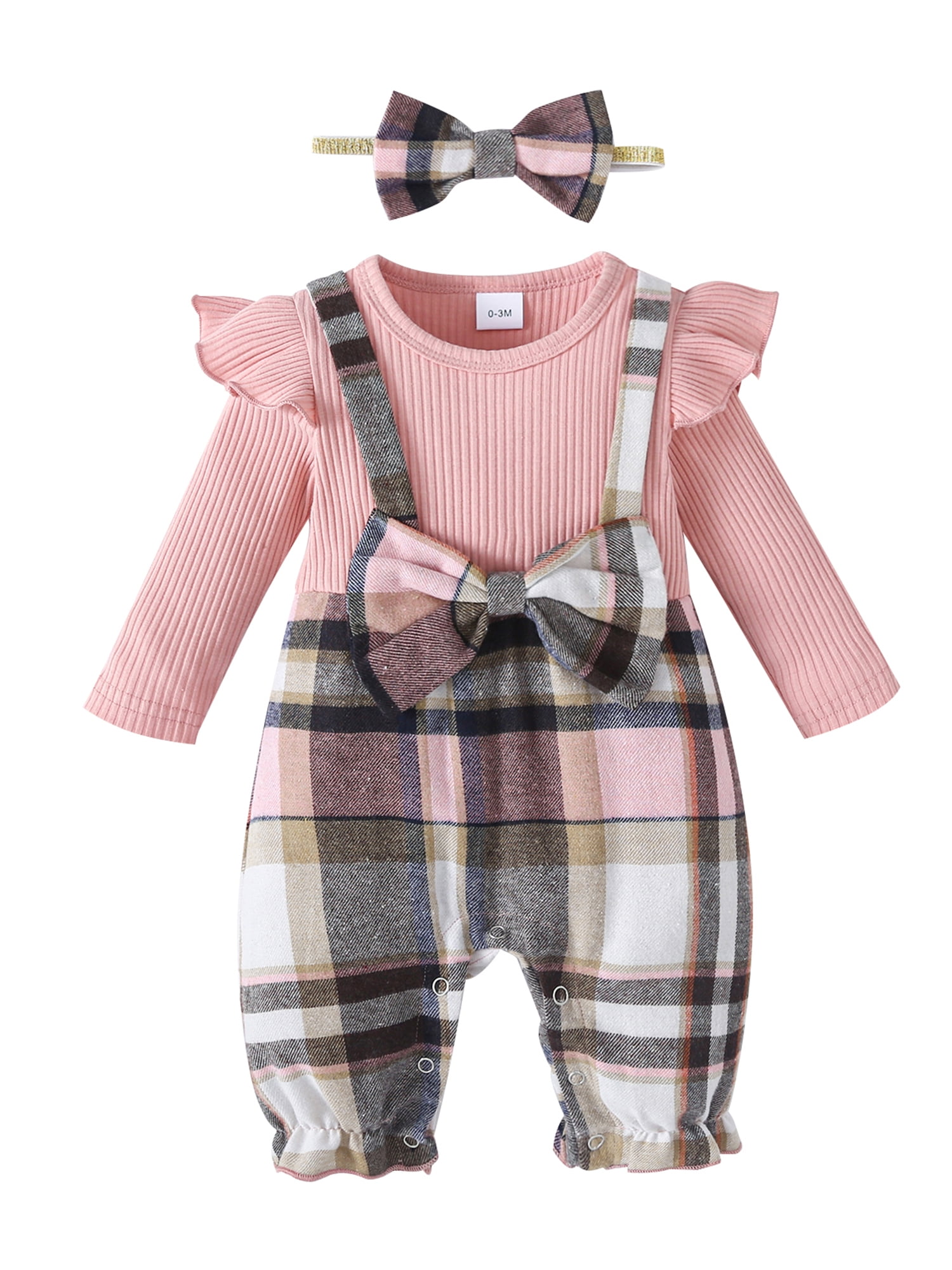 Shuttle tree Baby Girl 2Pcs Fall Spring Outfits Long Sleeve Plaid Print Suspender Romper with ...