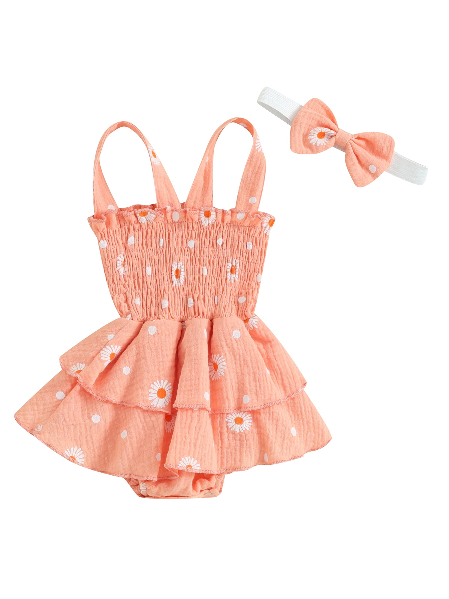 Shuttle tree Baby Girl 2Pcs Summer Outfits Sleeveless Daisy Print Smocked Romper Dress with ...